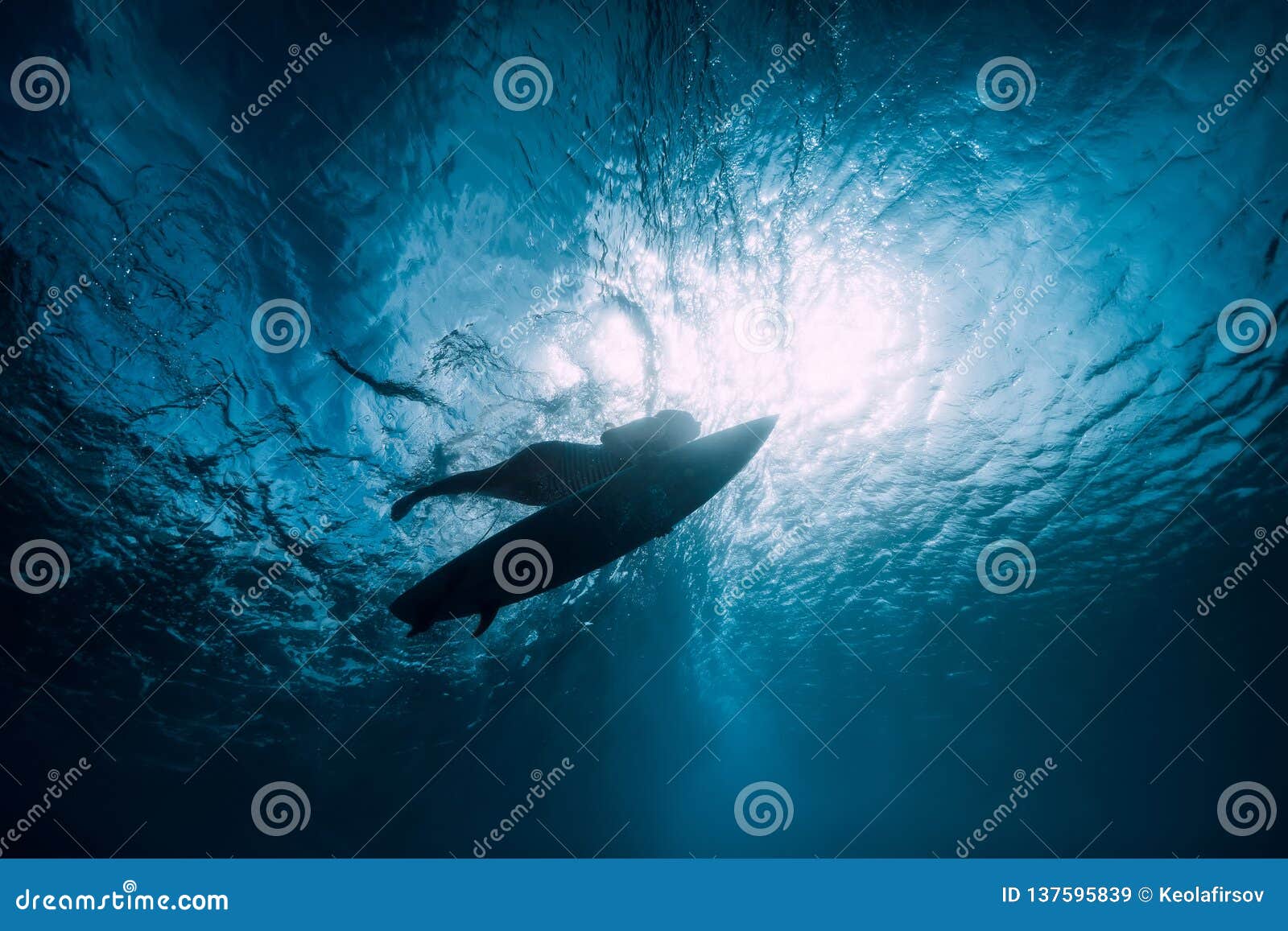 Surfer Girl with Surfboard Dive Underwater with Under Ocean Wave Stock ...