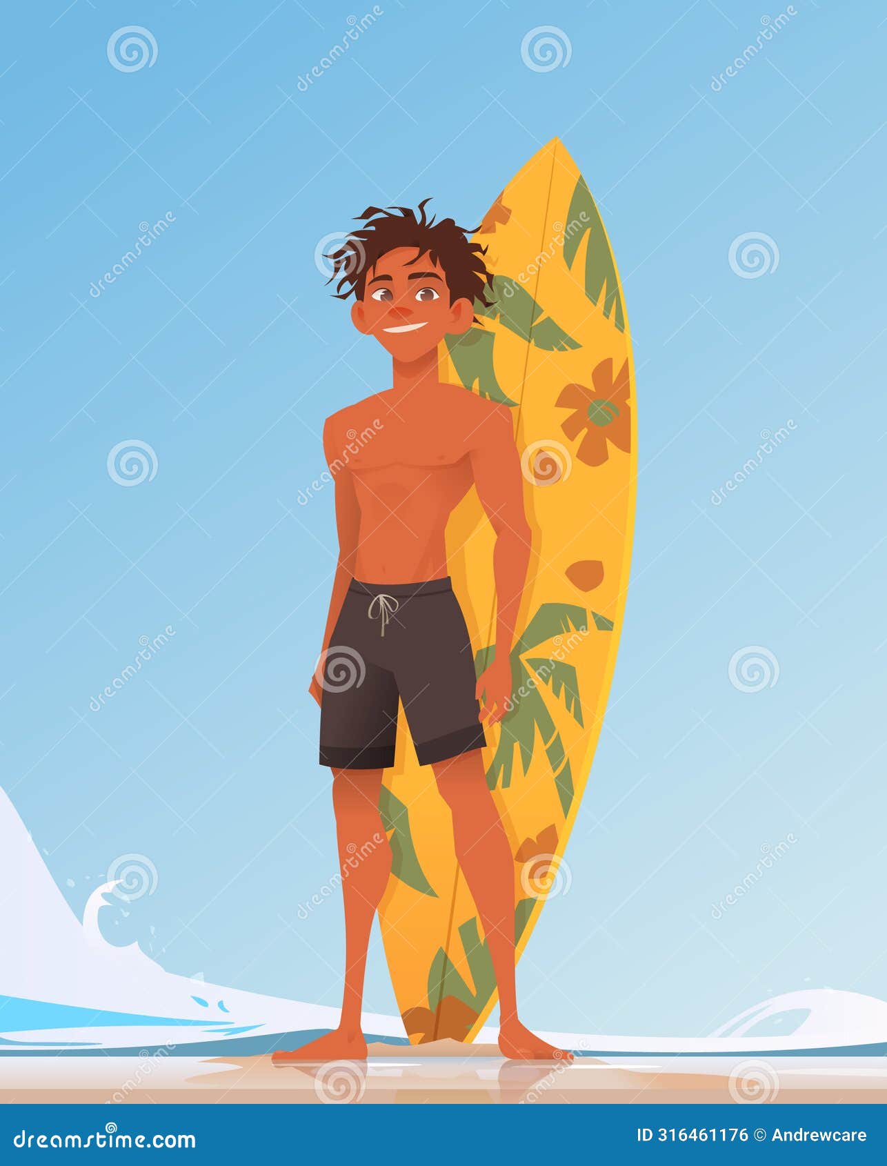 Surfer Guy Standing On A Beach With Surfboard Stock Vector