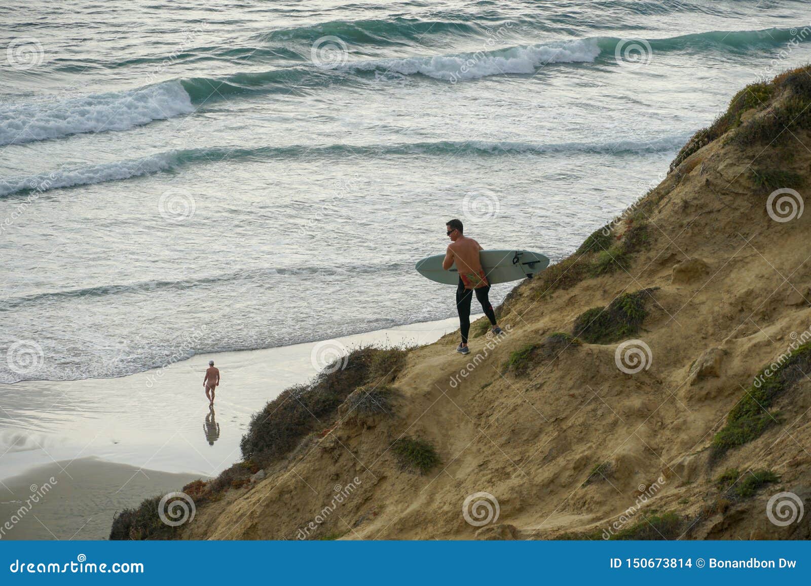 Surfer with His Surf Standing at the Cliff and Looking at the Waves ...