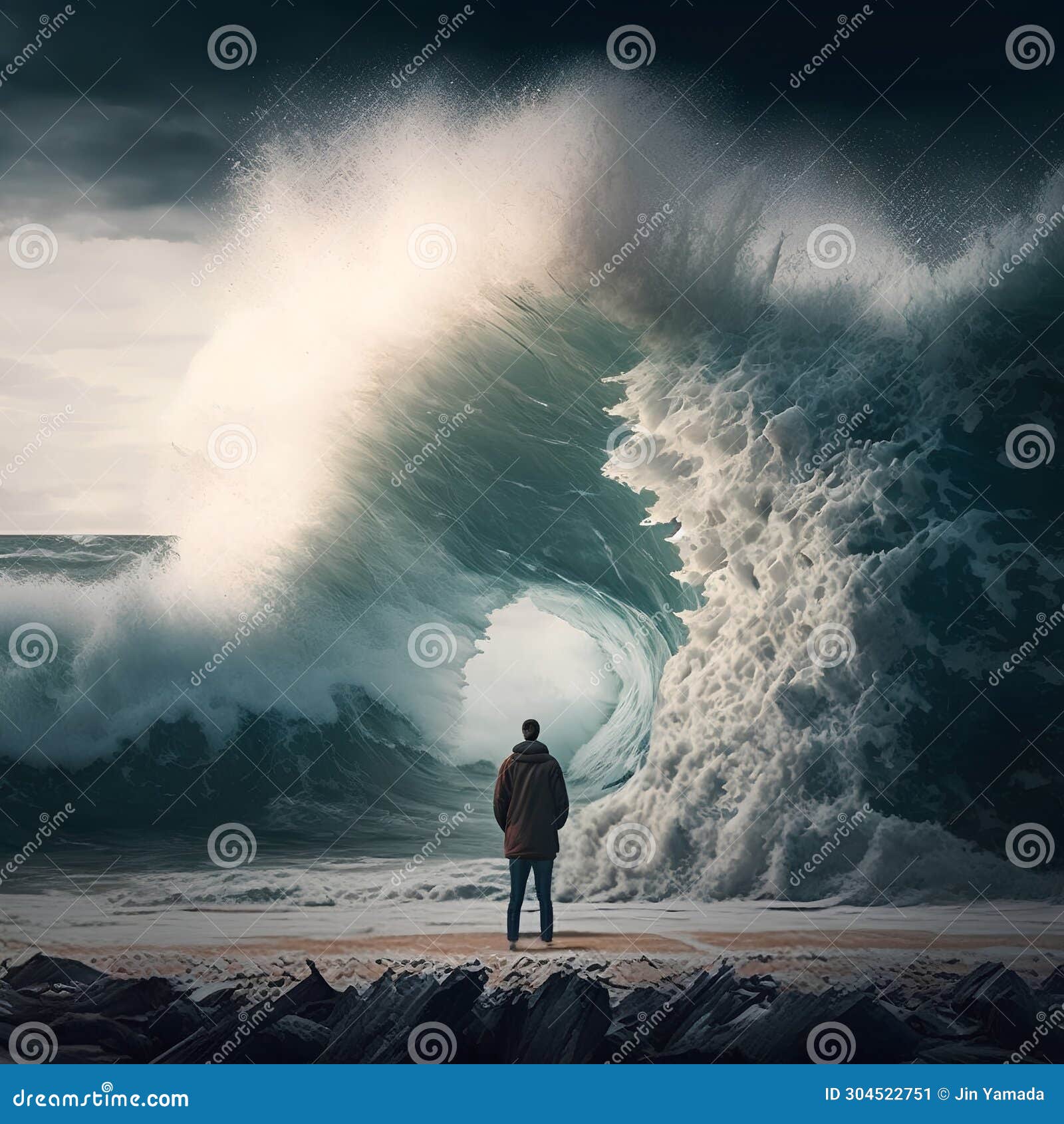 Surfer Looking at Big Wave Breaking in Ocean. 3D Rendering Stock ...