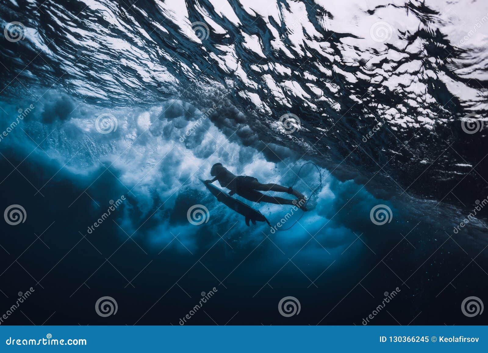 Surfer Man with Surfboard Dive Underwater. Surfer Under Ocean Wave ...