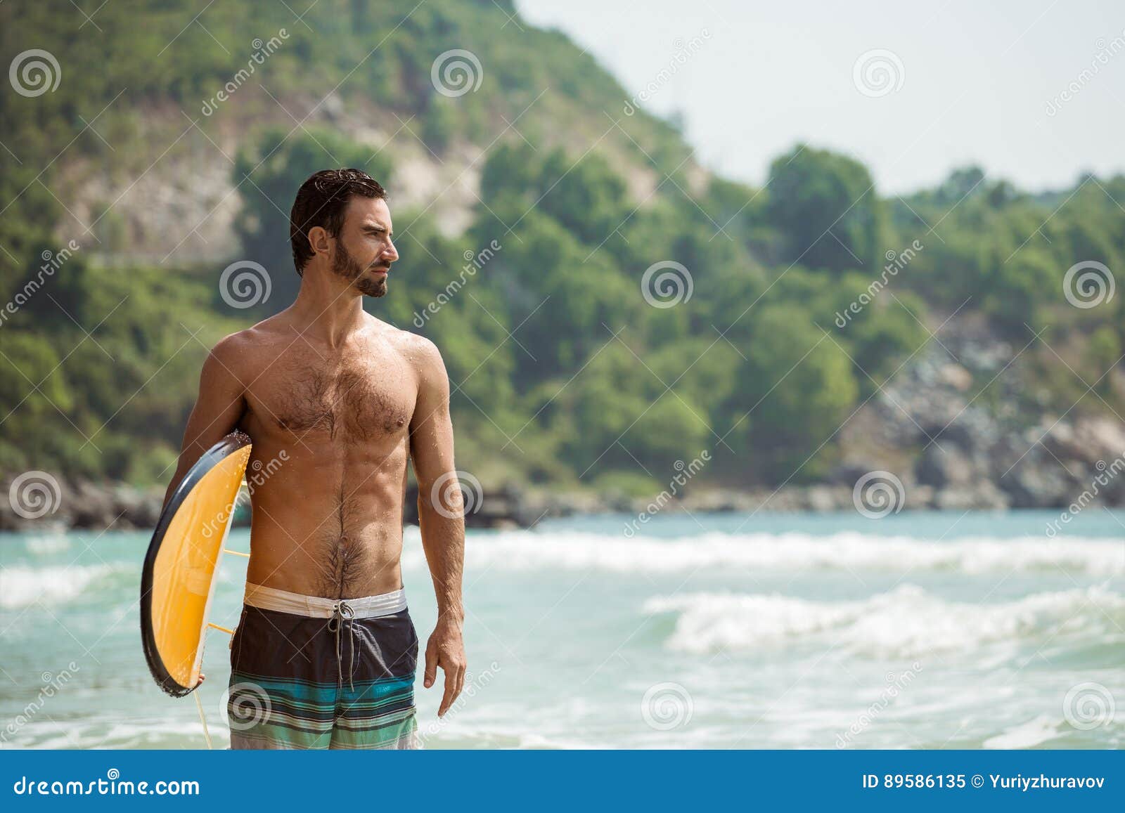 Surfer Man with Surfboard on Sea Coast. Stock Image - Image of wave ...
