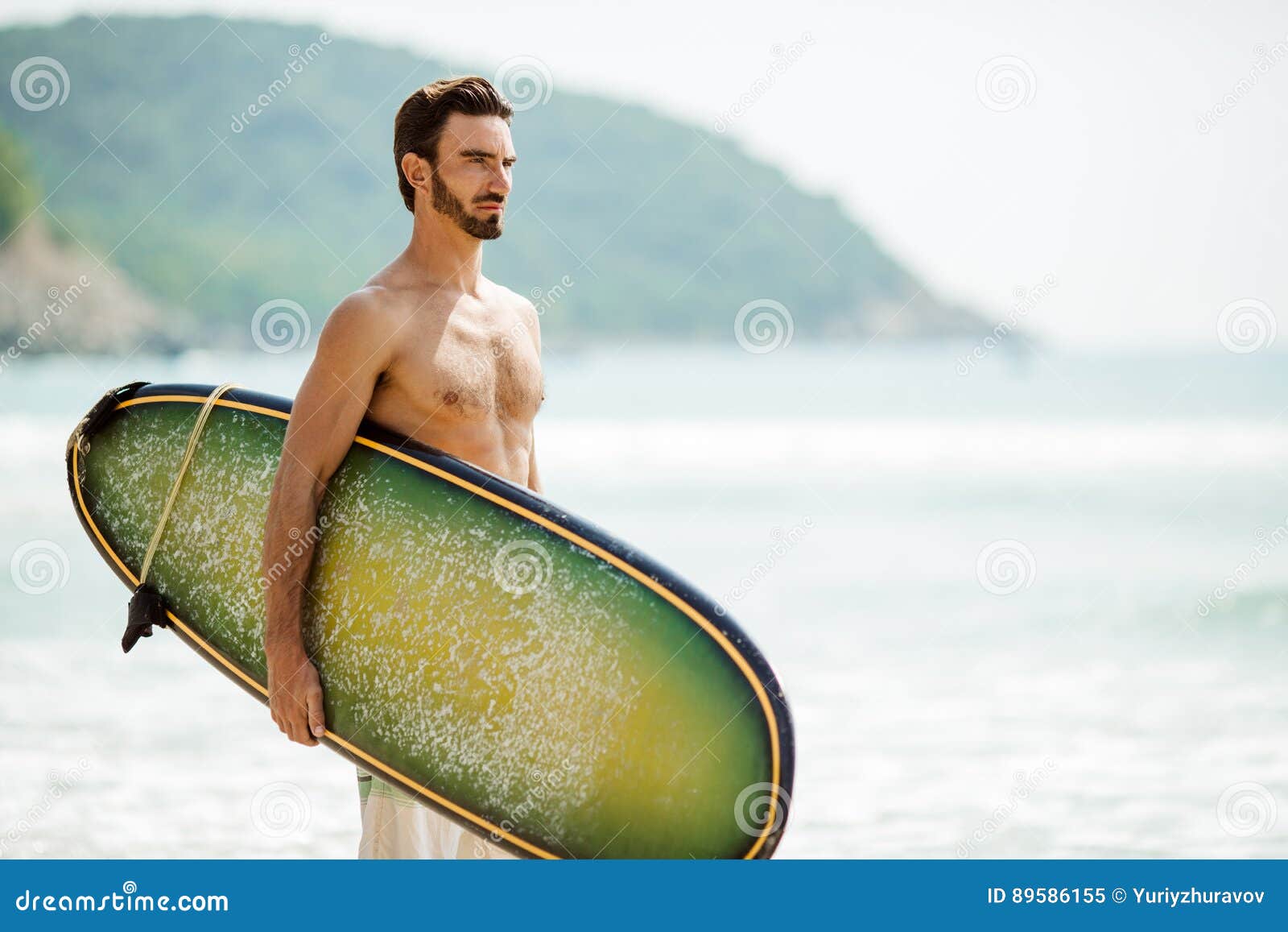 Surfer Man with Surfboard on Sea Coast. Stock Image - Image of ...