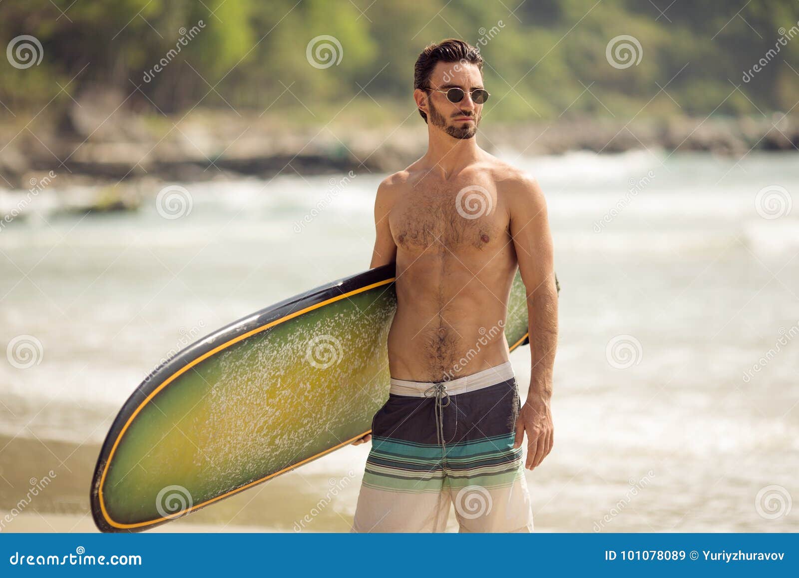 Surfer Man with Surfboard on Sea Coast. Stock Image - Image of holding ...