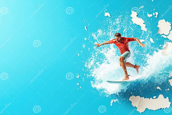 Surfer Performing Tricks on a Wave with Torn Paper Effect Stock ...