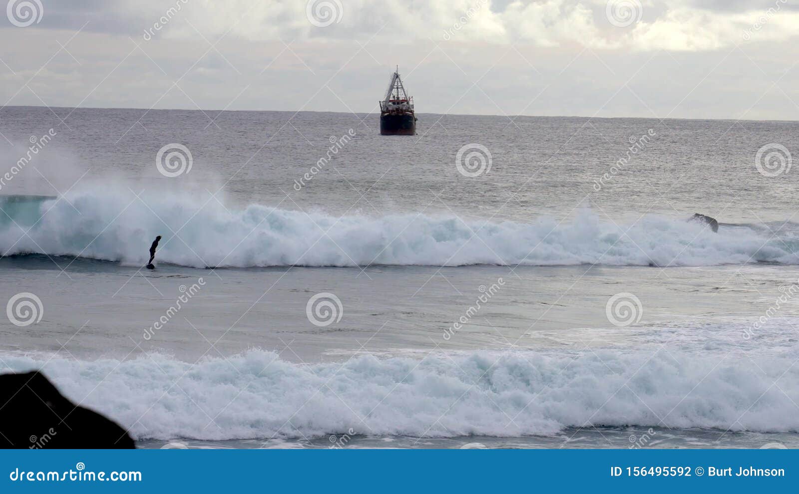 Surfer Rides Wave with Ship on Horizon Stock Footage - Video of river ...