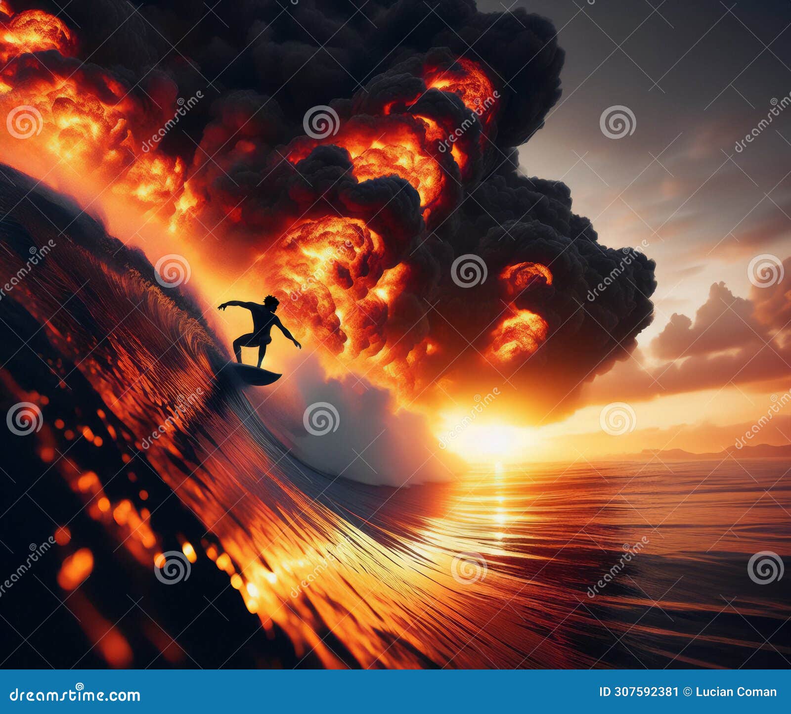 Surfer Riding a Wave of Fire , Smoke and Explosion, at Sunset Stock ...