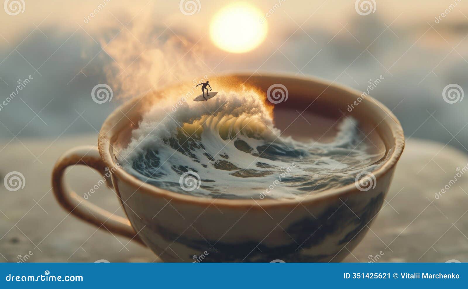 Surfer Riding Waves in a Coffee Cup at Sunrise: Creative Concept Art ...