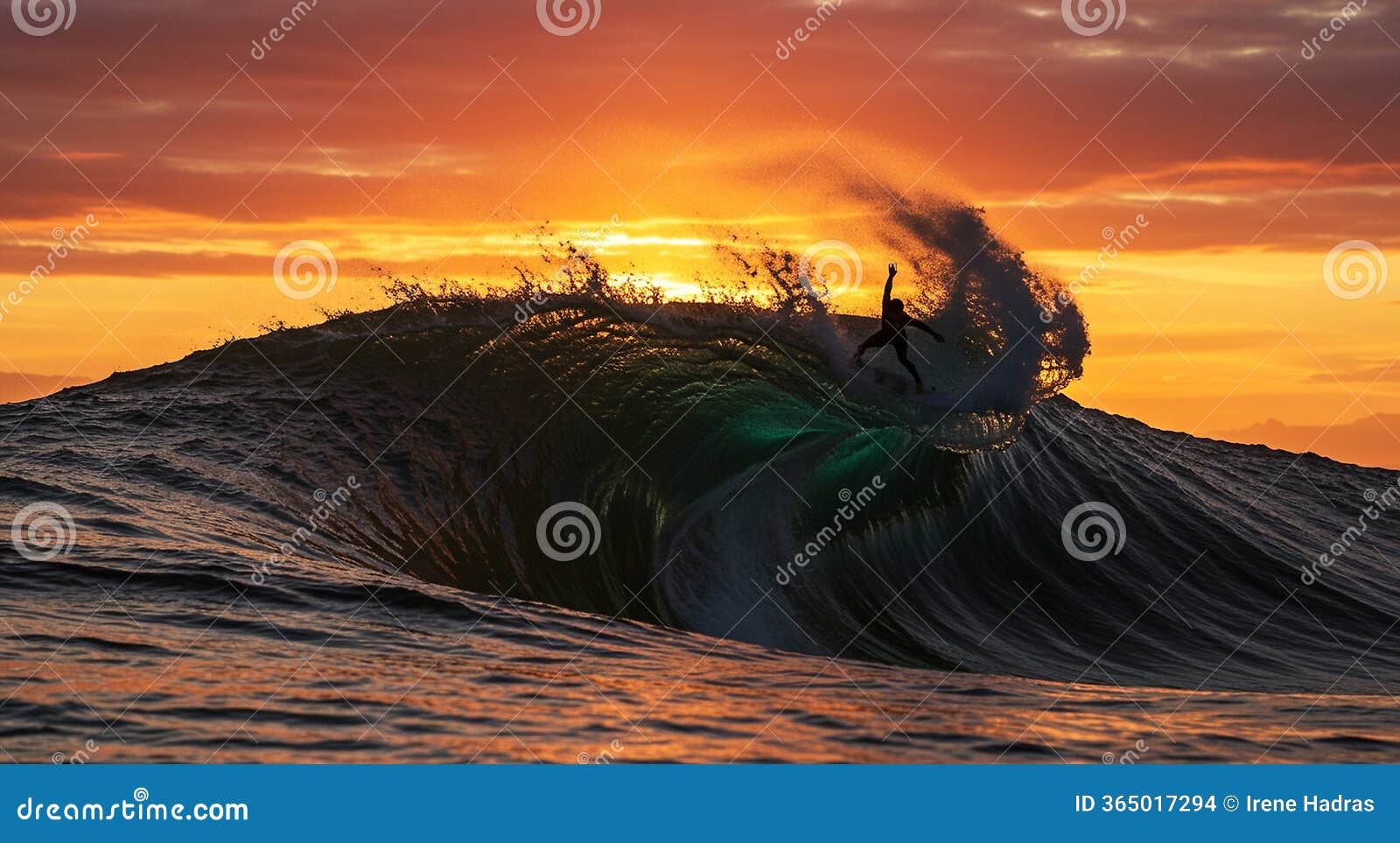 Surfer Skillfully Carving Through A Massive Wave At Sunset, Creating A ...