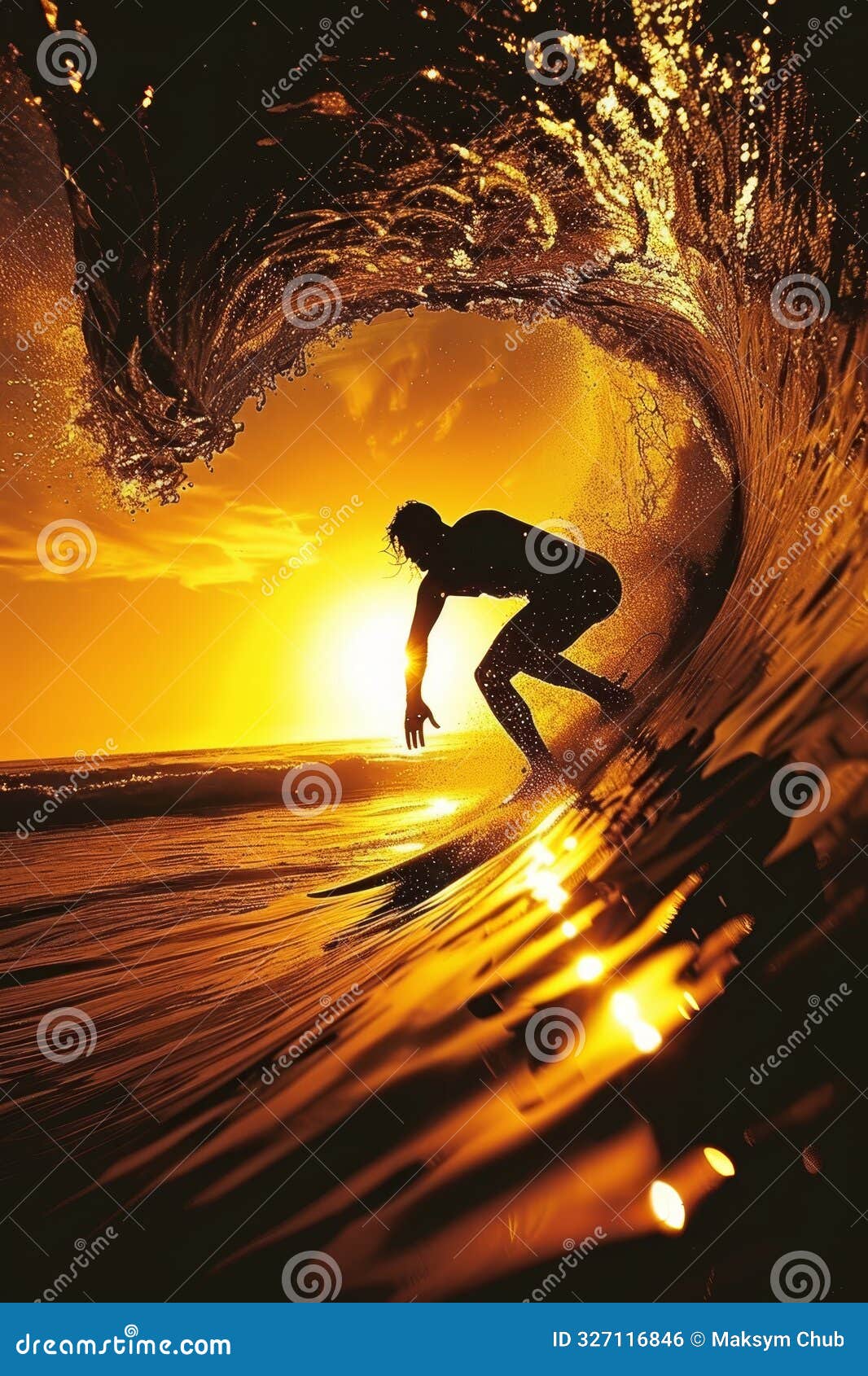 Surfer Skillfully Carving Through A Massive Wave At Sunset, Creating A ...