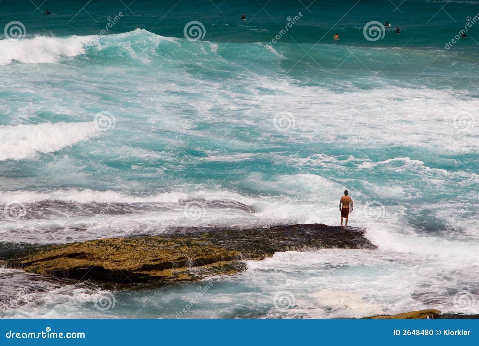 Surfer standing on a rock stock photo. Image of board - 2648480