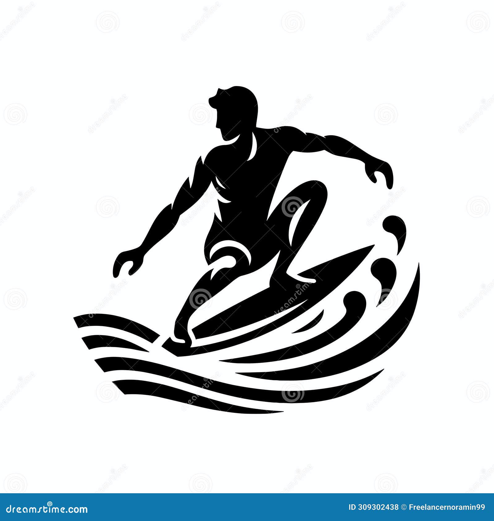 Surfer on the Surfboard, Black and White Vector Illustration, Ocean ...