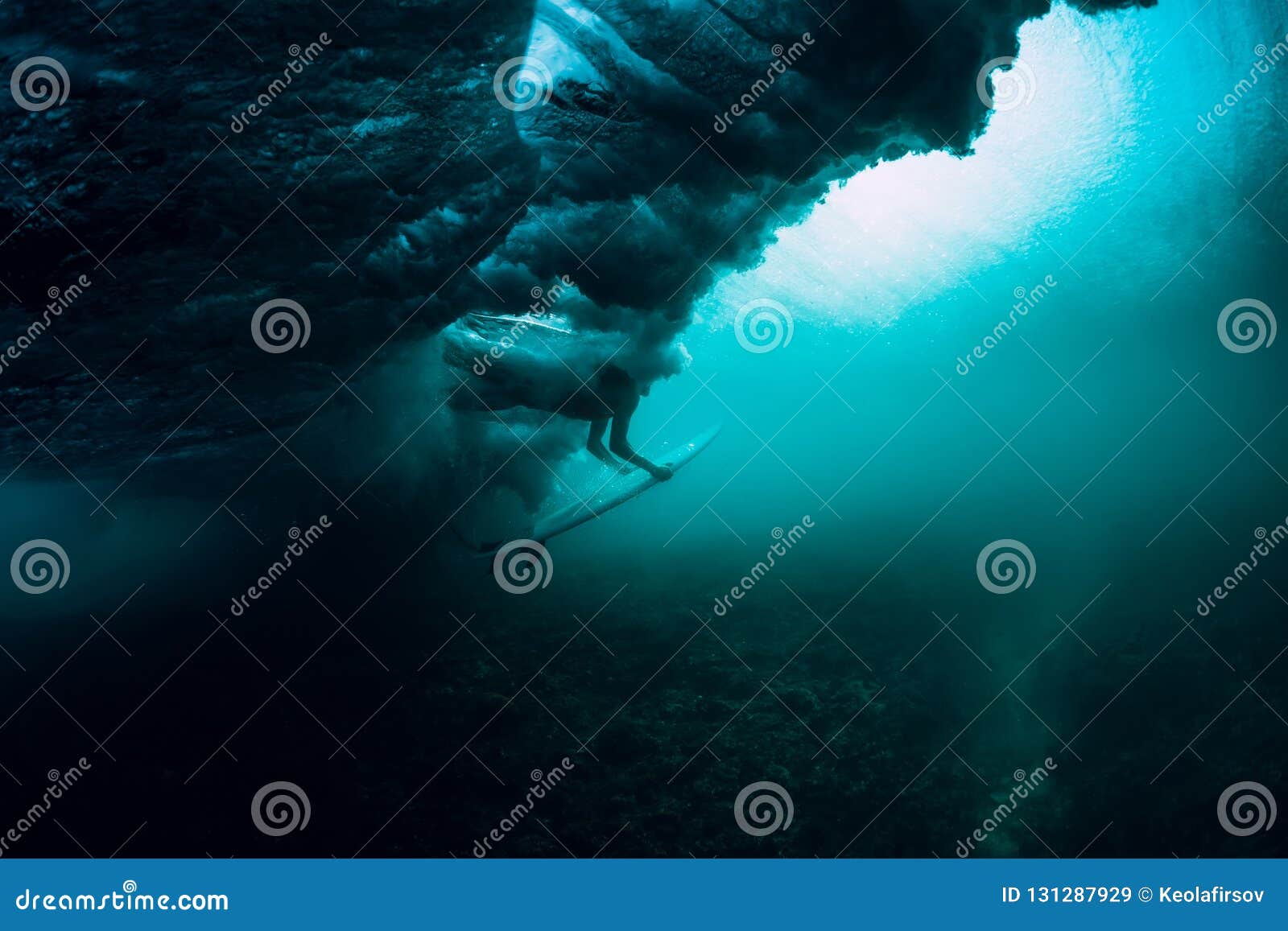 Surfer with Surfboard Dive Underwater with Under Big Wave. Stock Image ...