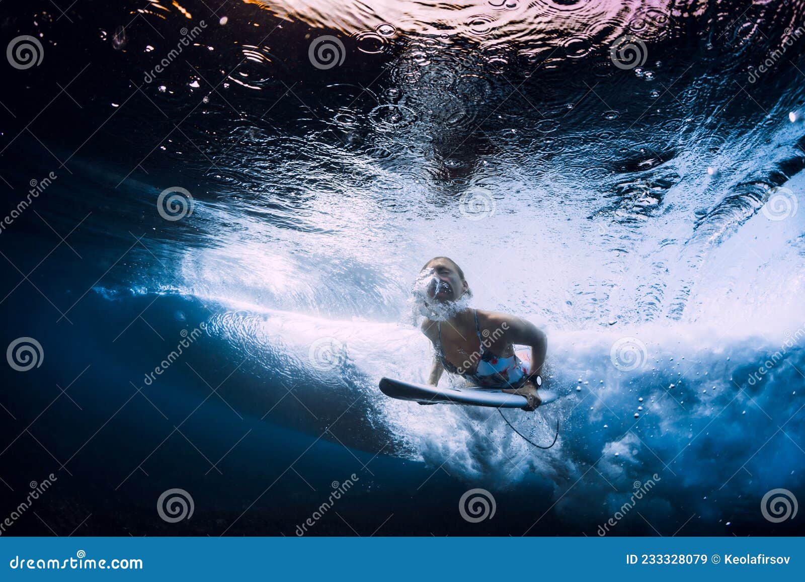 Surfer with Surfboard Dive Underwater with Under Ocean Wave Stock Image ...