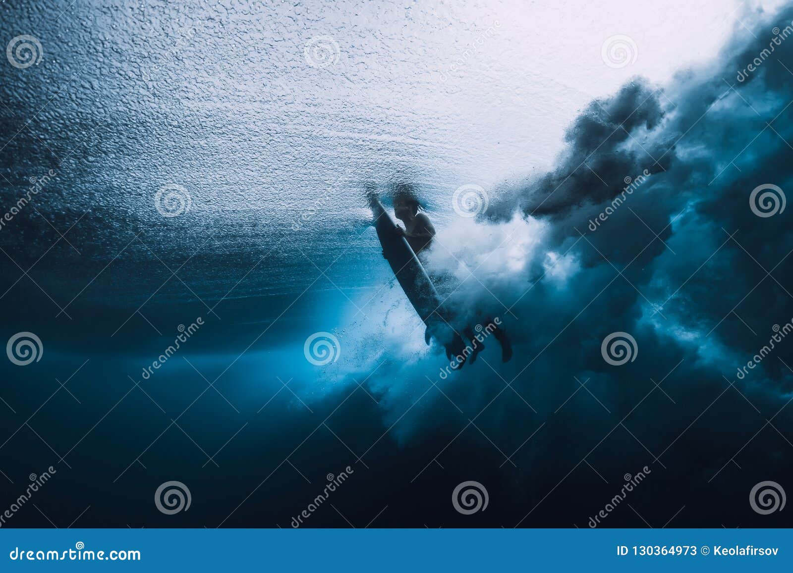 Surfer with Surfboard Dive Underwater with Under Ocean Wave. Stock ...