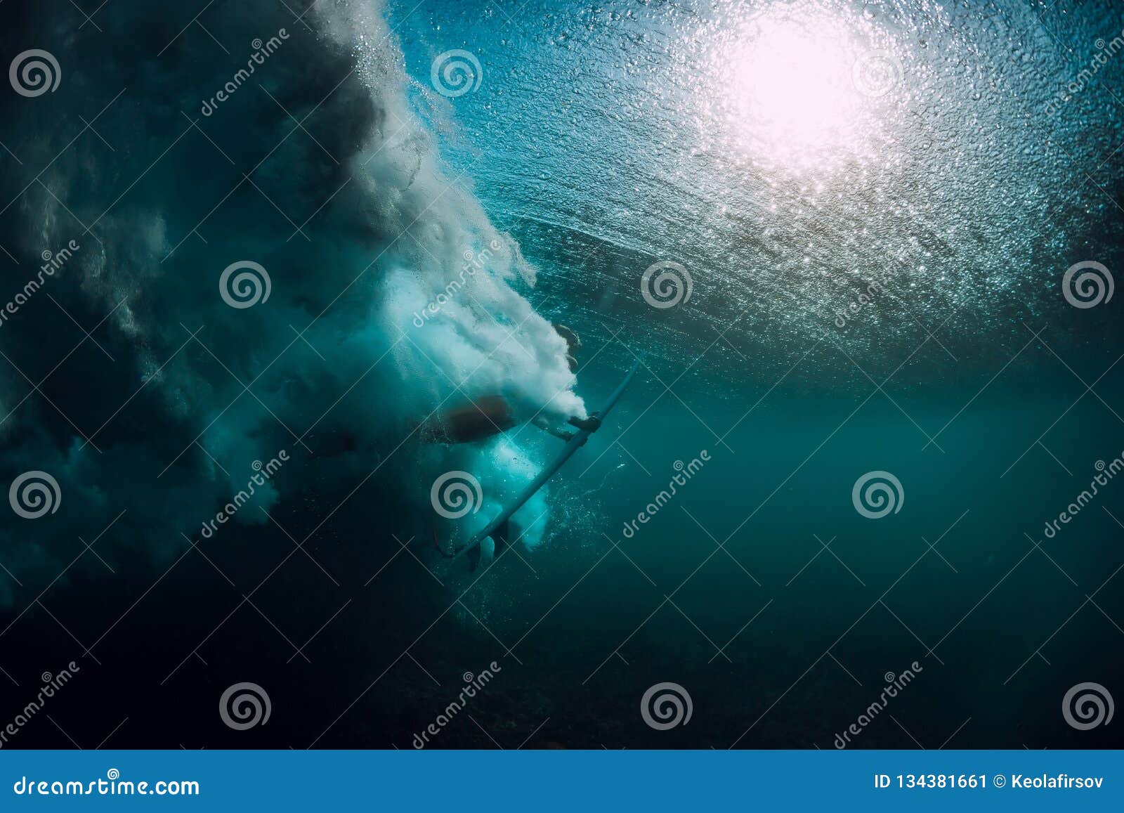 Surfer with Surfboard Dive Underwater with Under Wave Stock Image ...