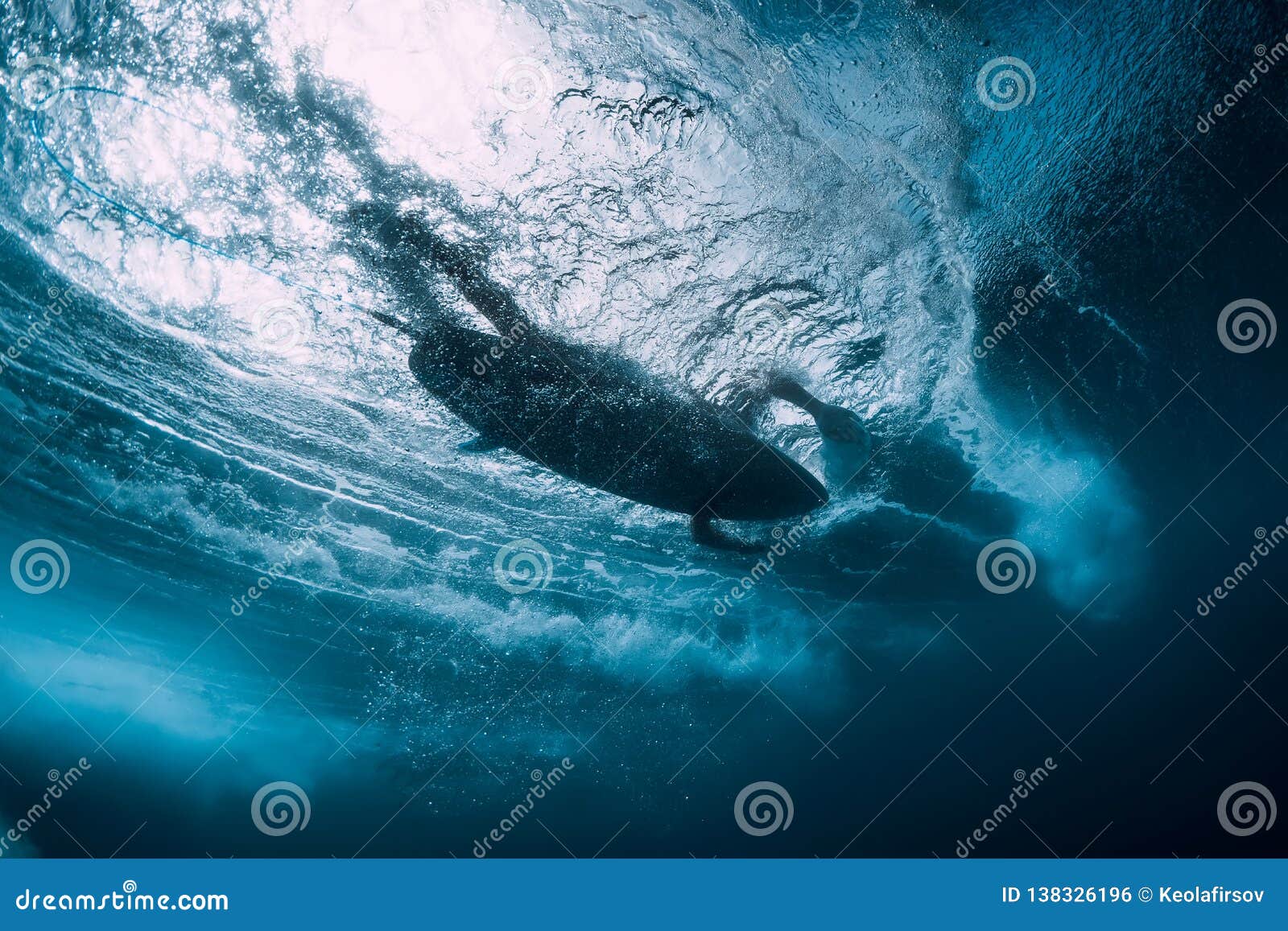 Surfer with Surfboard Swim in Blue Ocean, Underwater View Stock Photo ...