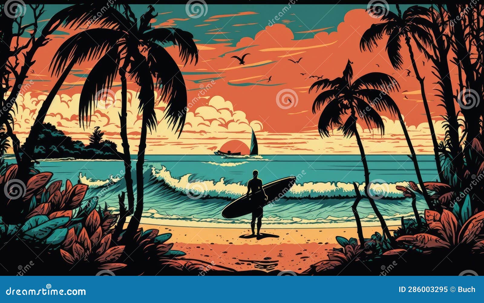 Surfer with Surfboard on Tropical Beach Landscape Stock Image - Image ...