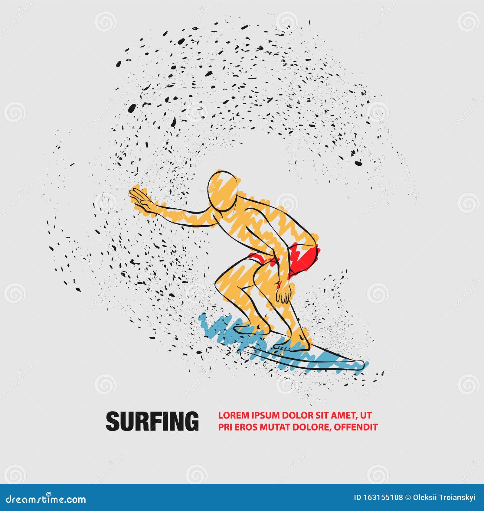Surfer Under the Wave. Vector Outline of Surfing with Scribble Doodles ...