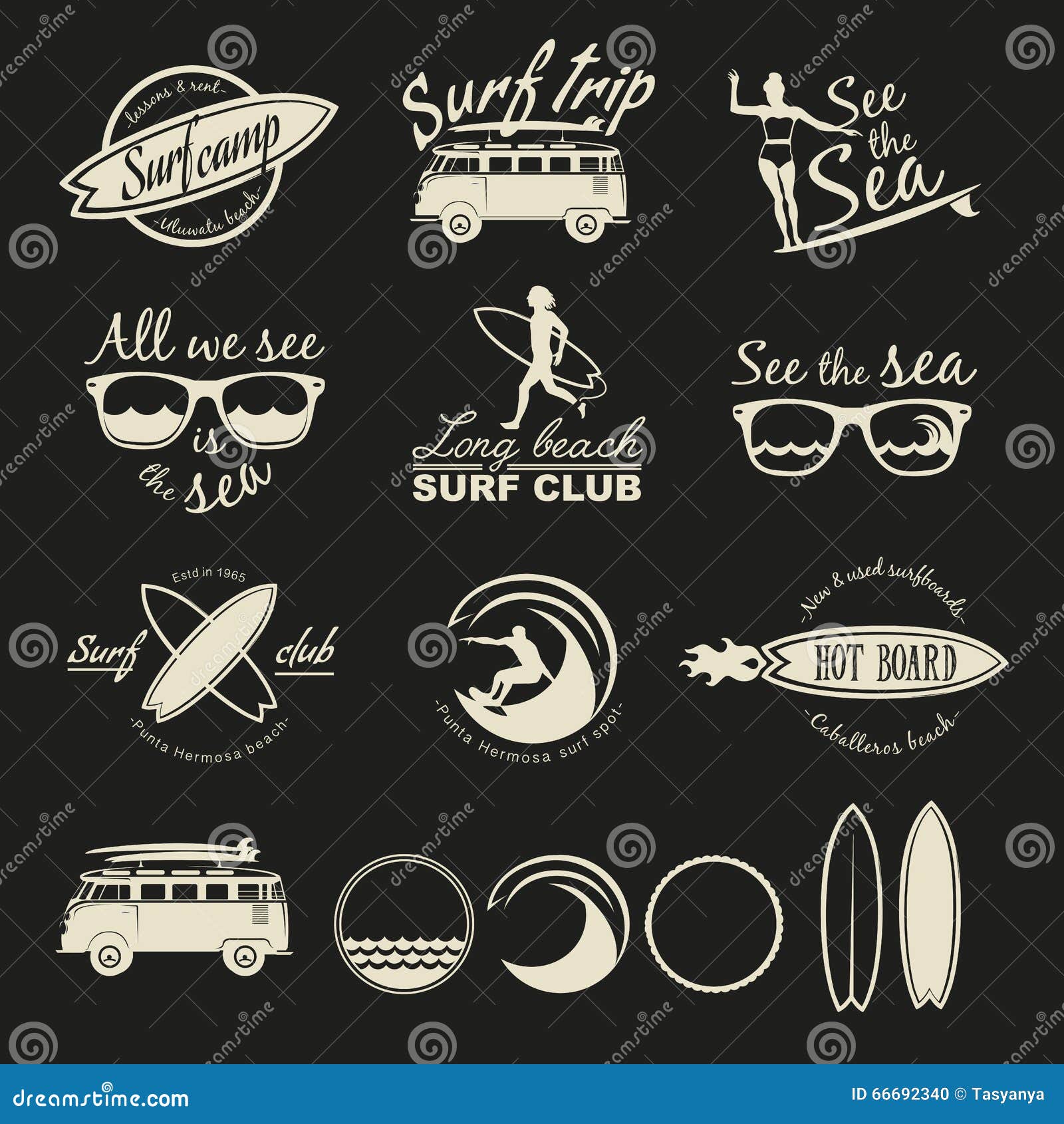Surfer Vector Set. Vintage Surf Elements. Stock Vector - Illustration ...