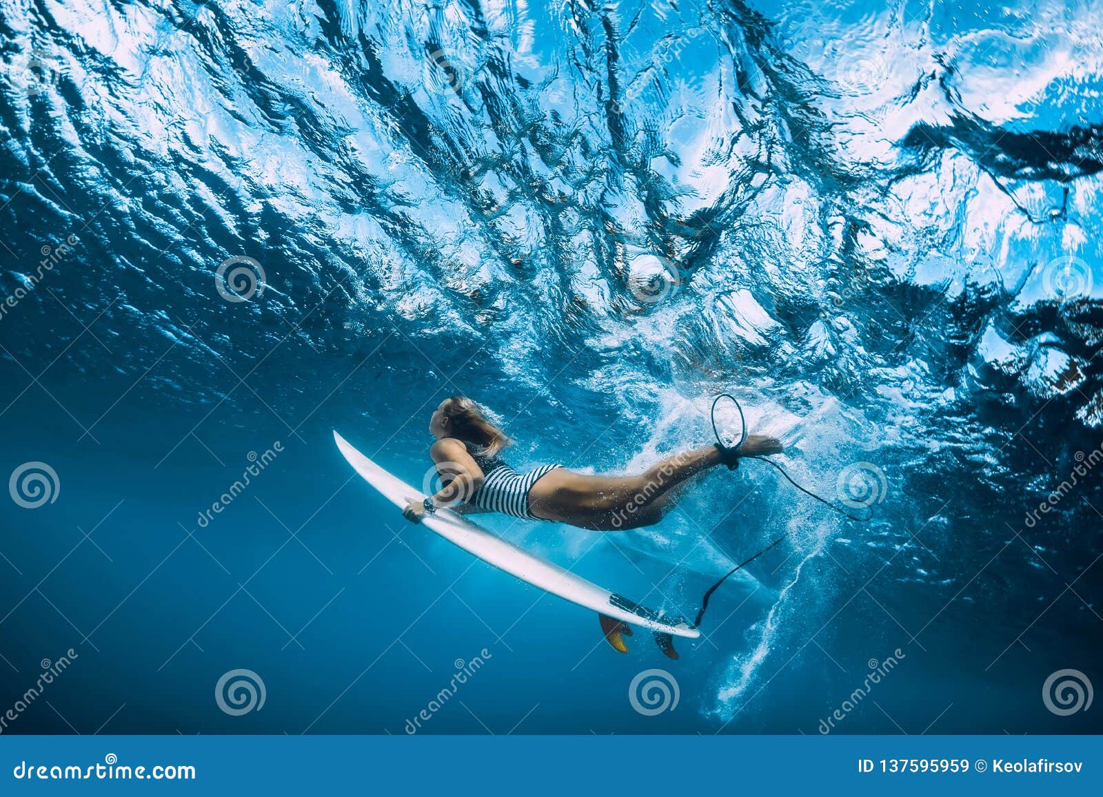 Surfer Woman with Surfboard Dive Underwater with Ocean Wave Stock Image ...