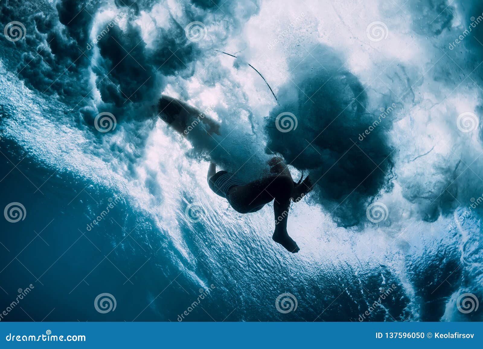 Surfer Woman with Surfboard with Under Ocean Wave. Underwater Stock ...