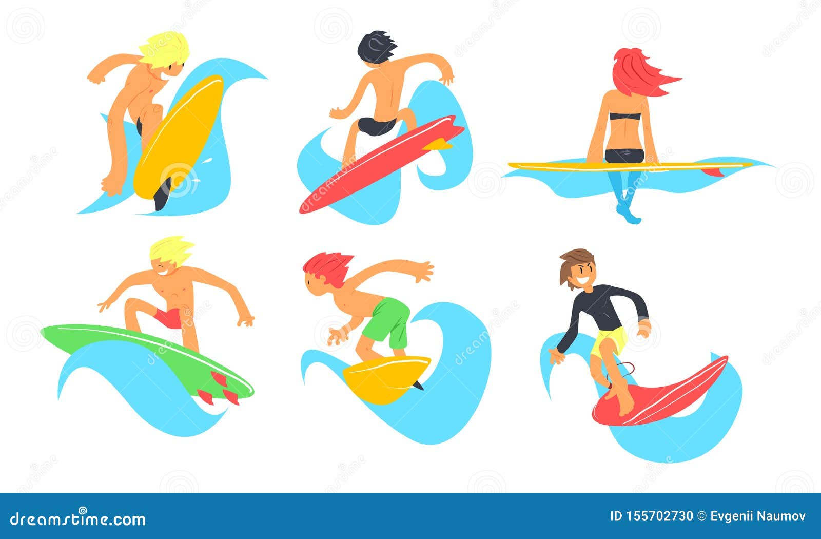 Surfers Characters Riding Waves Set Young Man And Woman With
