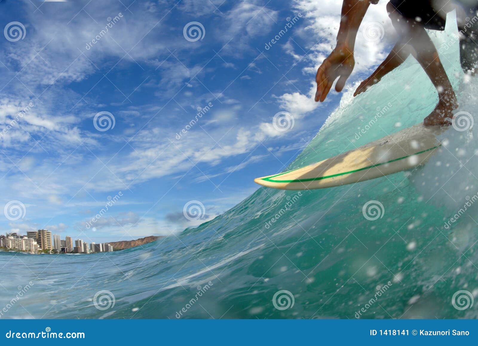 Surfing down the line stock image. Image of barrel, ride - 1418141