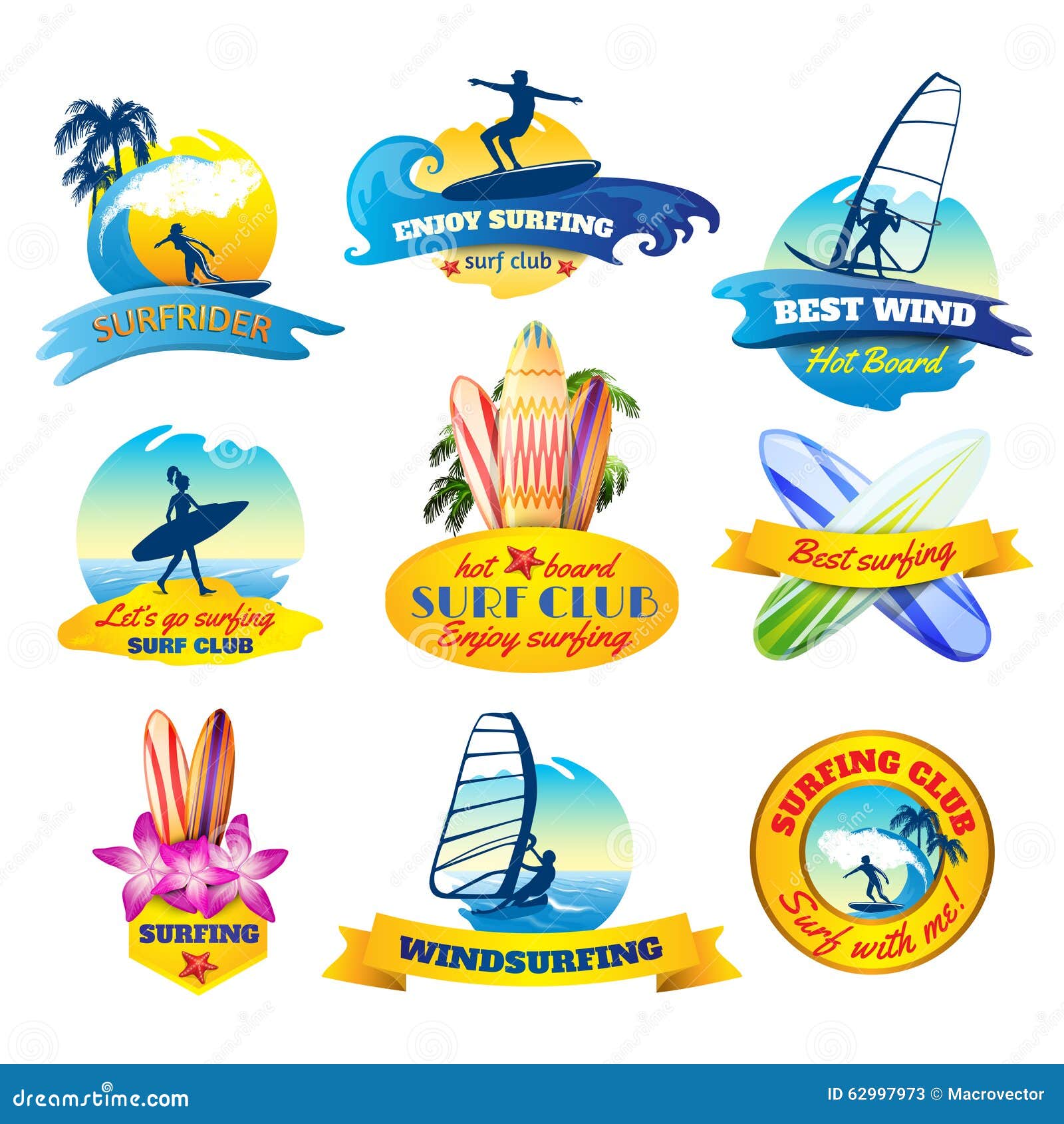 Surfing emblems set stock vector. Illustration of seal - 62997973