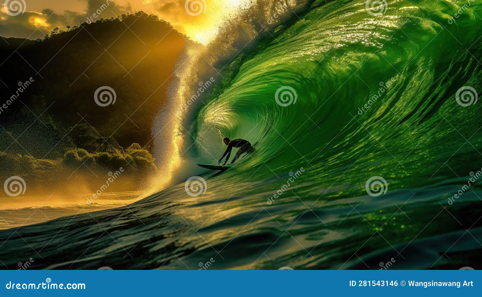 Surfing on a Green Wave with Sun Rising Generative AI Stock Photo ...