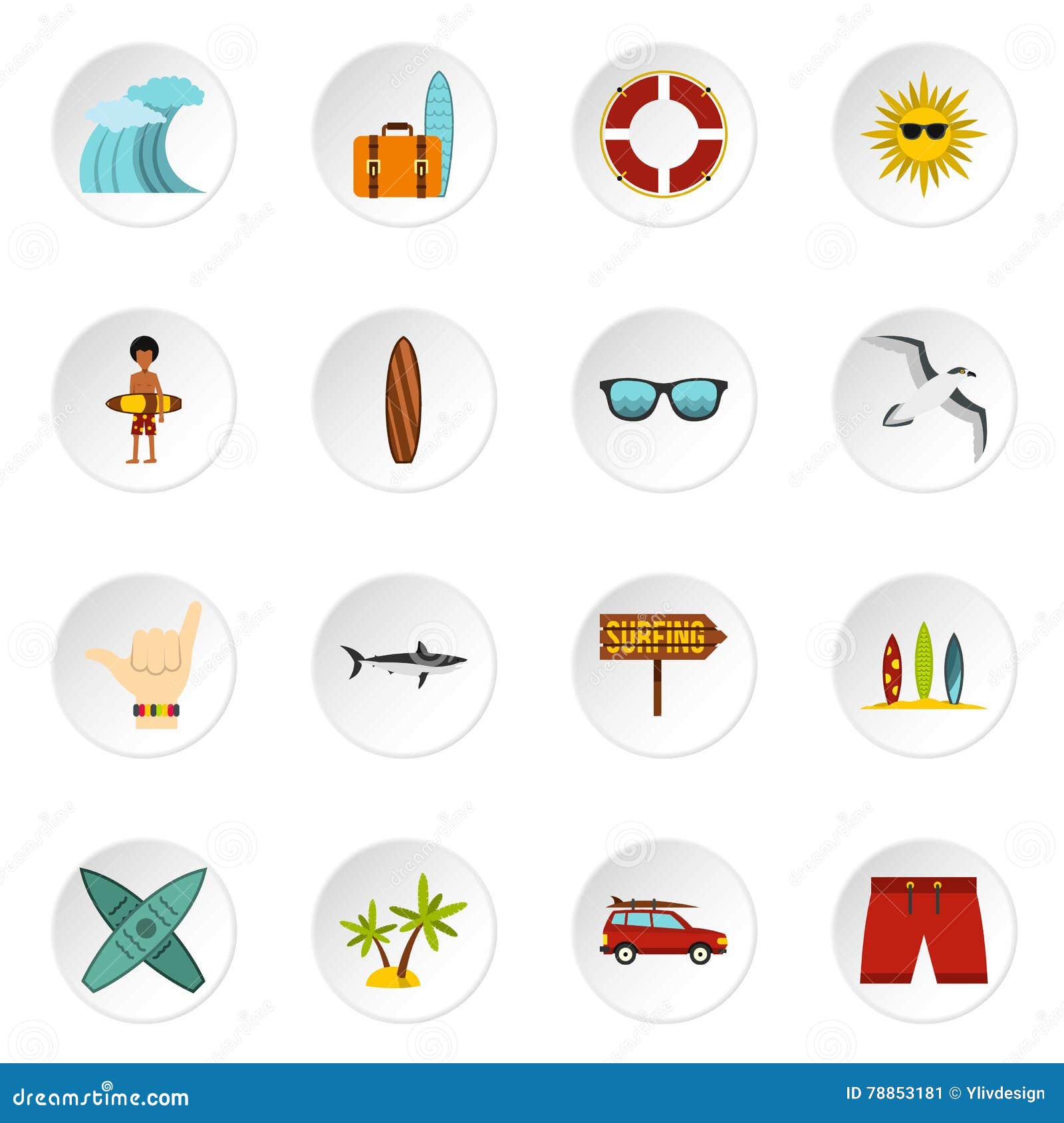 Surfing Icons Set, Flat Style Stock Vector - Illustration of palm ...