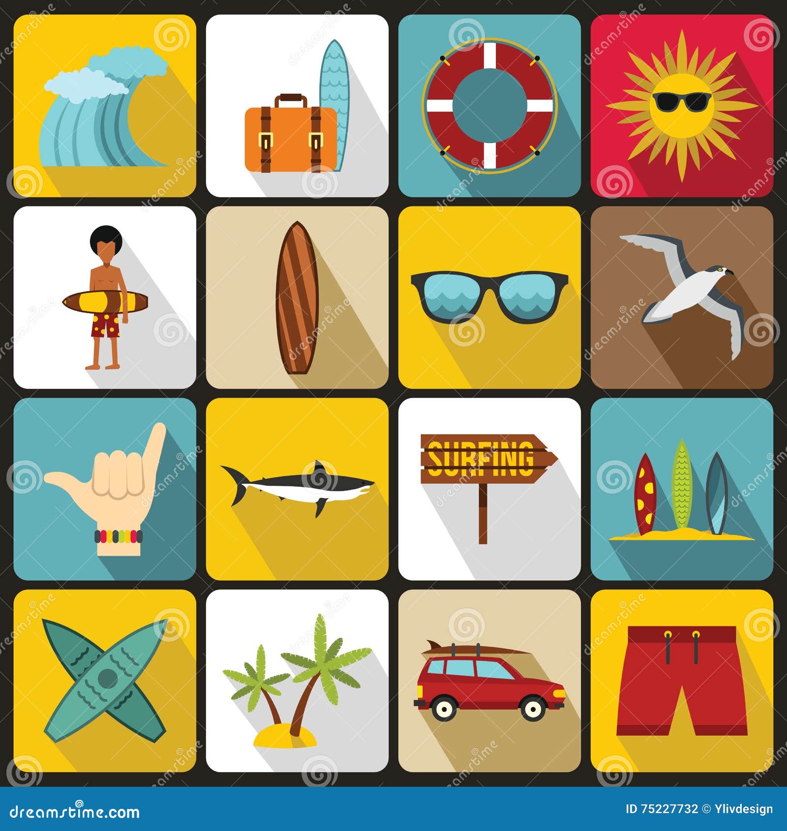 Surfing Icons Set, Flat Style Stock Vector - Illustration of rescue ...