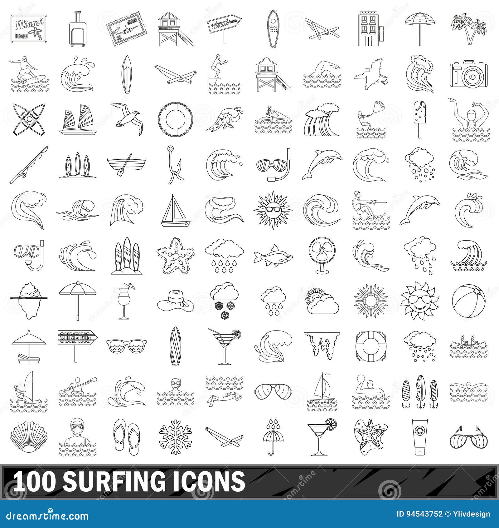 100 Surfing Icons Set, Outline Style Stock Vector - Illustration of ...