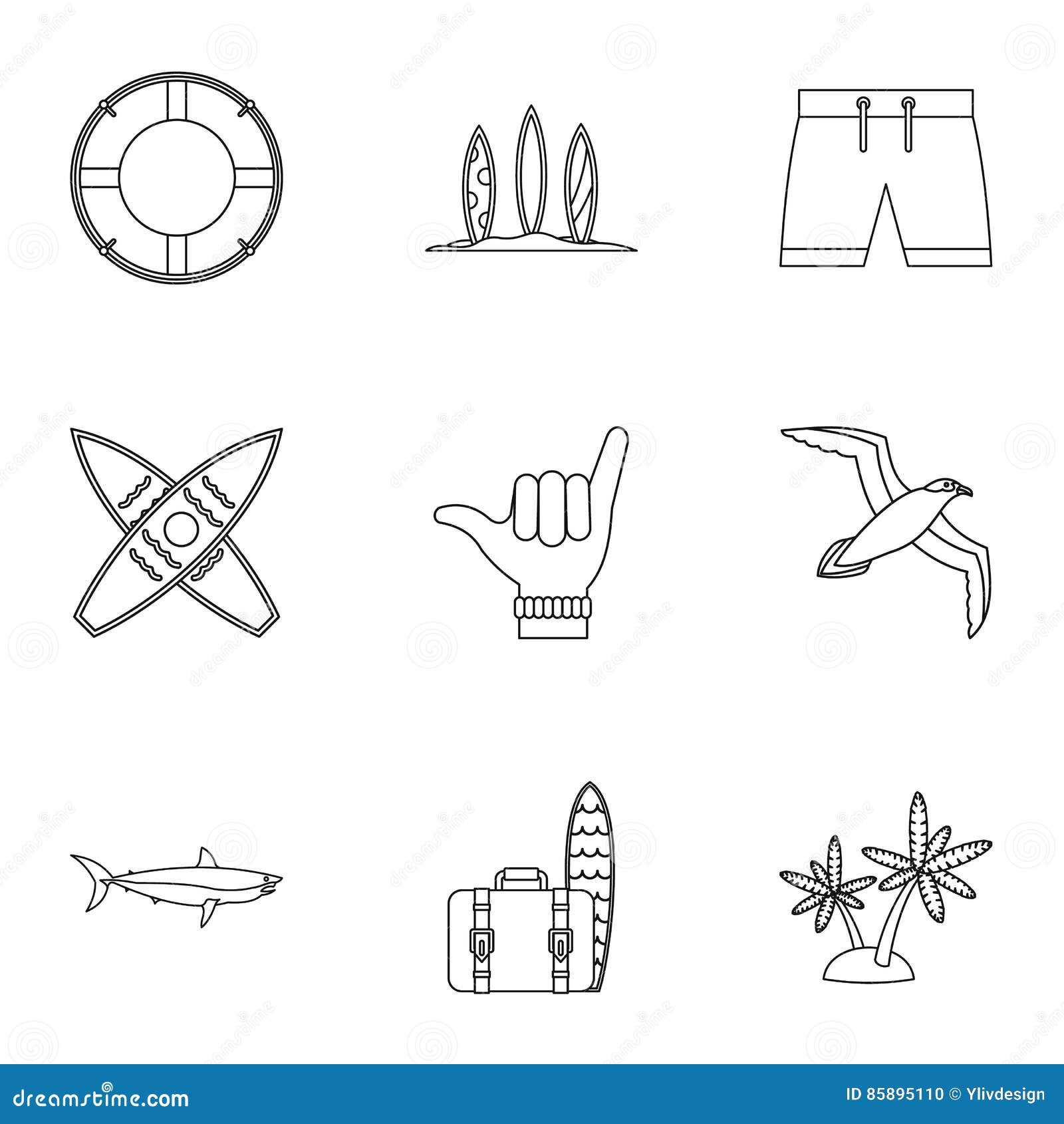Surfing Icons Set, Outline Style Stock Vector - Illustration of black ...