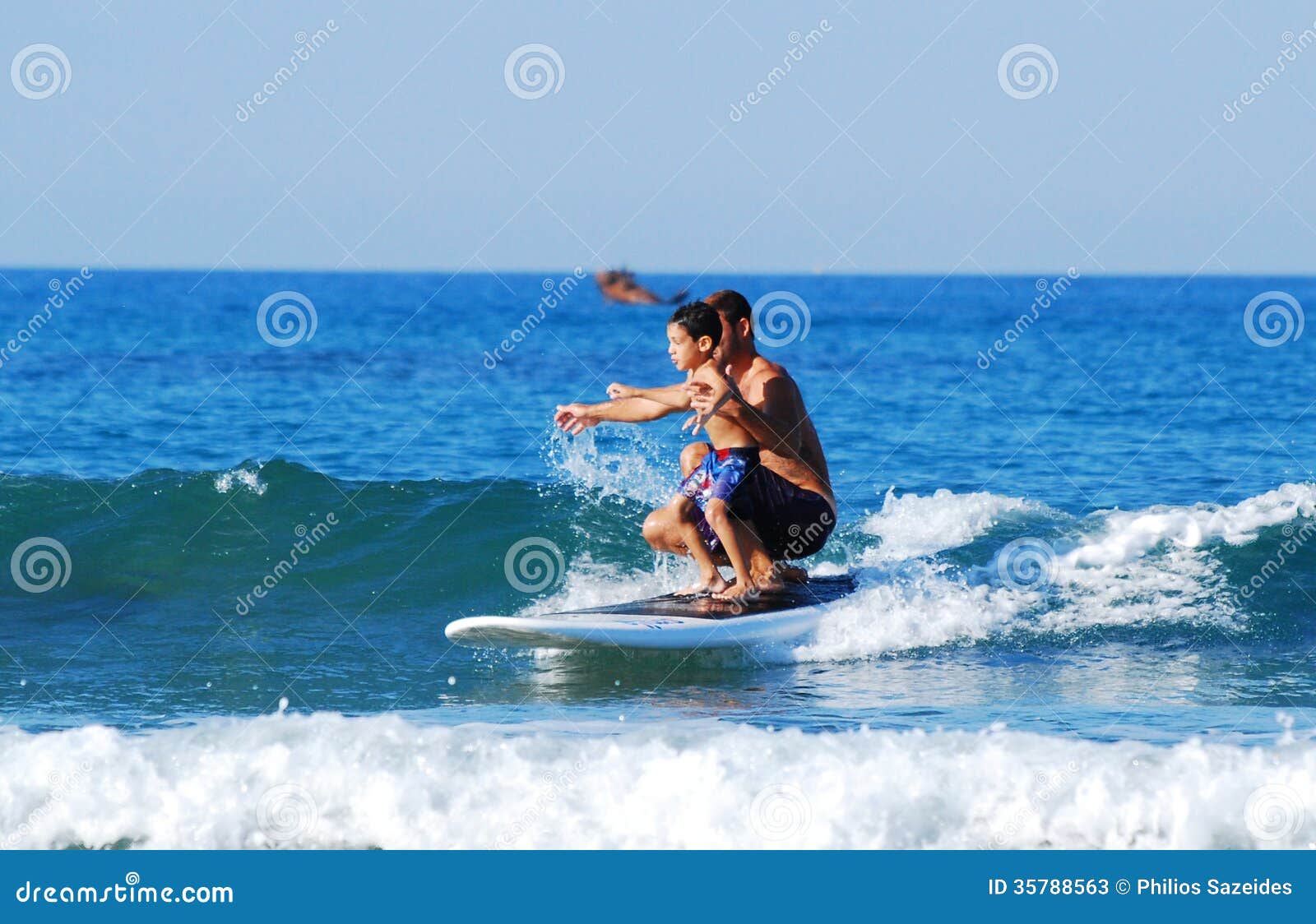 Father and Son Surfing the Wave Stock Image - Image of pleasure, shorts ...