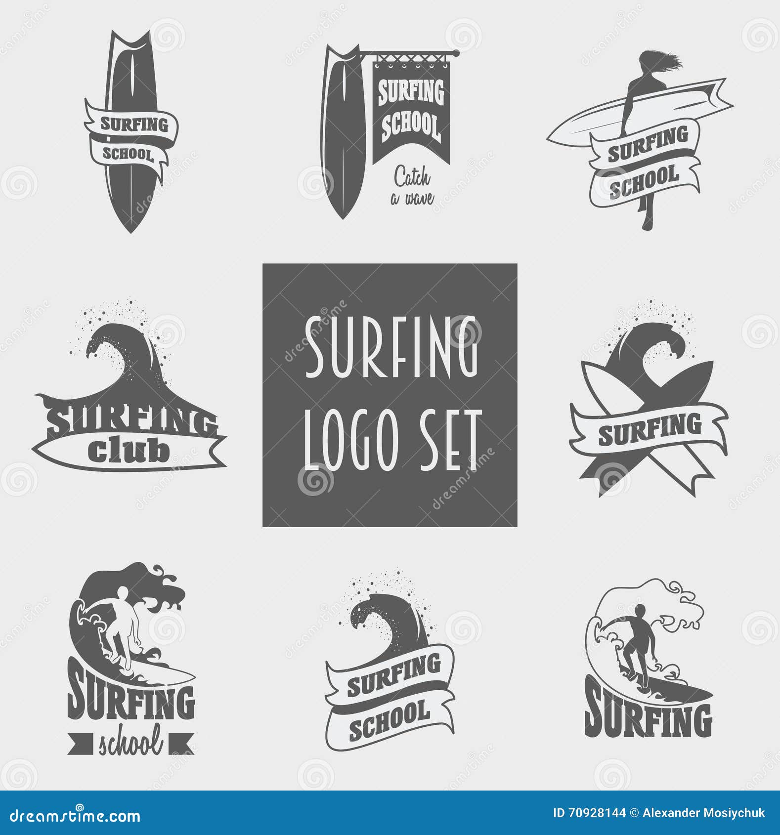 Surfing Labels and Design Elements with Surfer, Wave and Surfboard ...