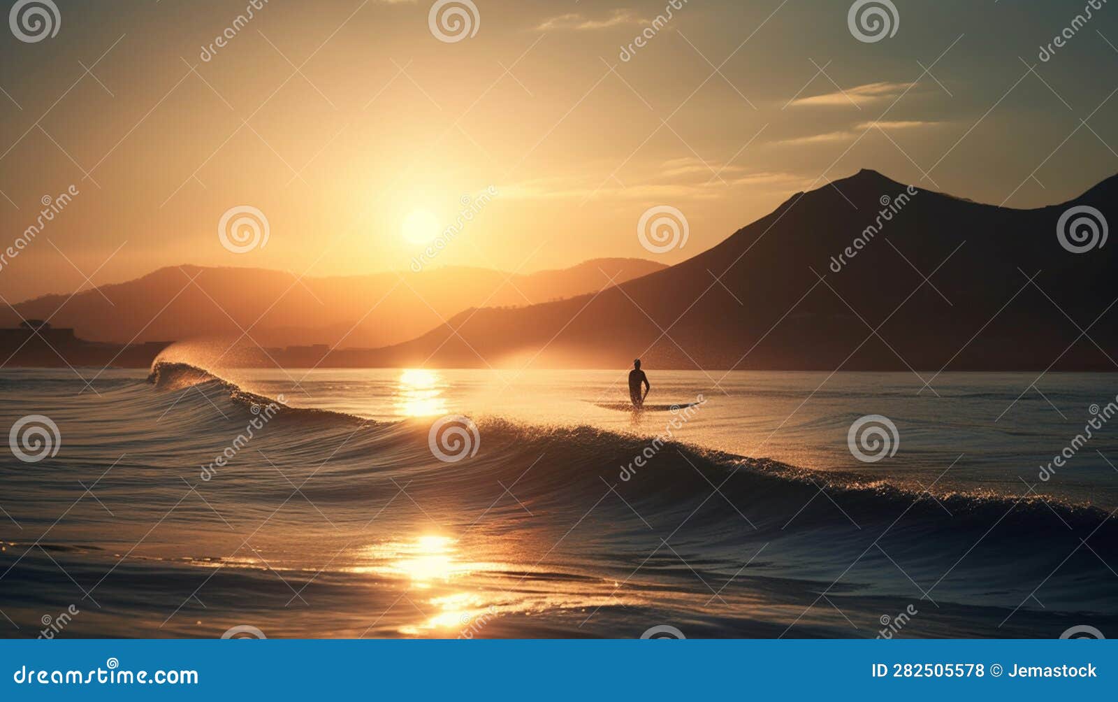Surfing Men Ride Waves at Dawn, Back Lit by Sunlight Generated by AI ...