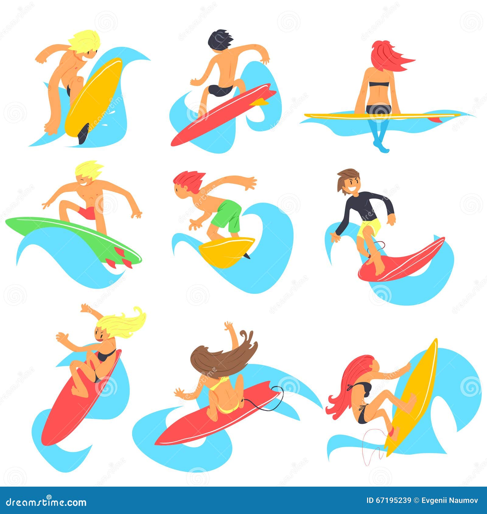 Surfing People. Vector Illustration Set Stock Vector - Illustration of ...