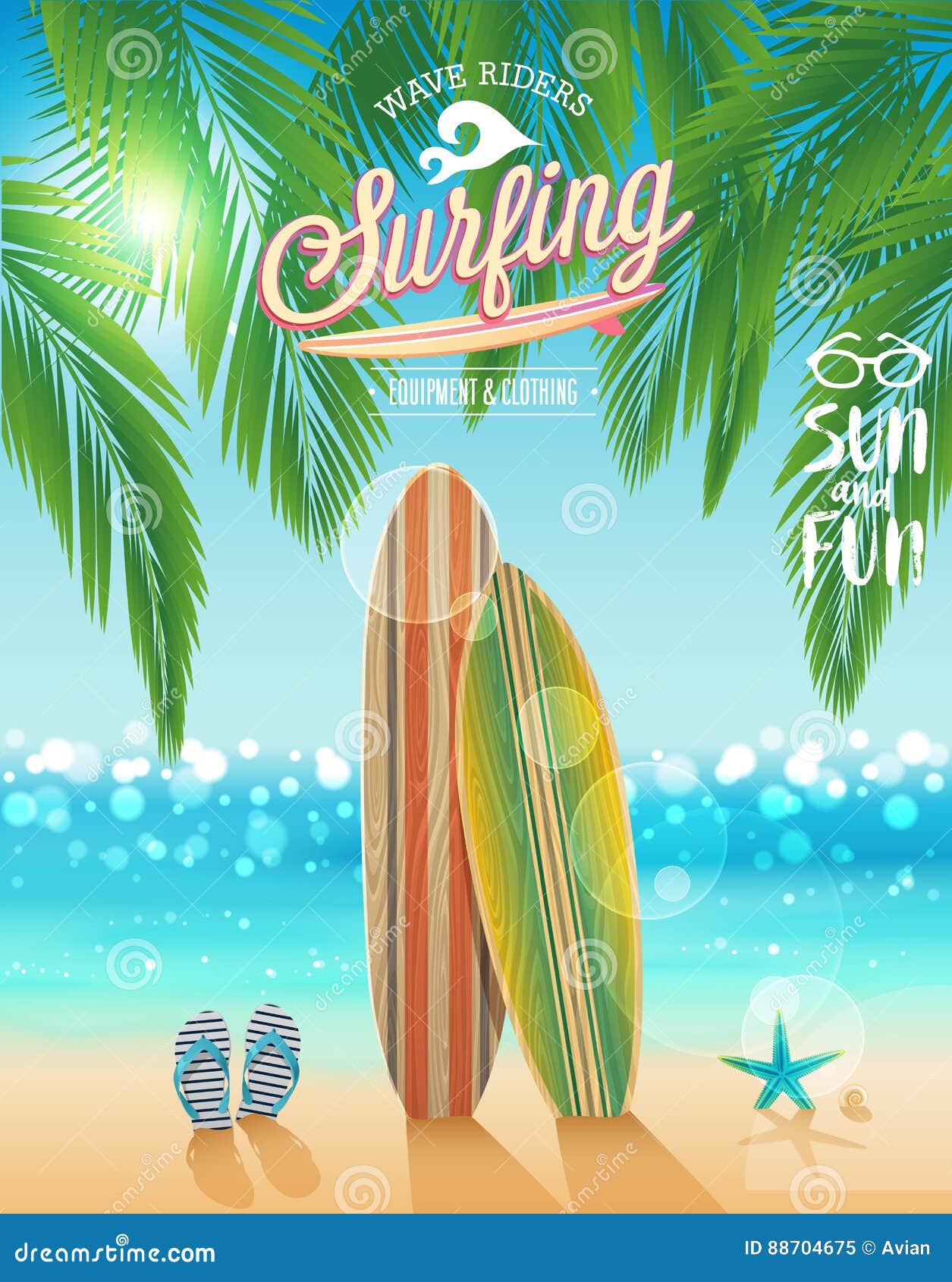 Surfing Poster with Tropical Beach Background. Stock Vector ...