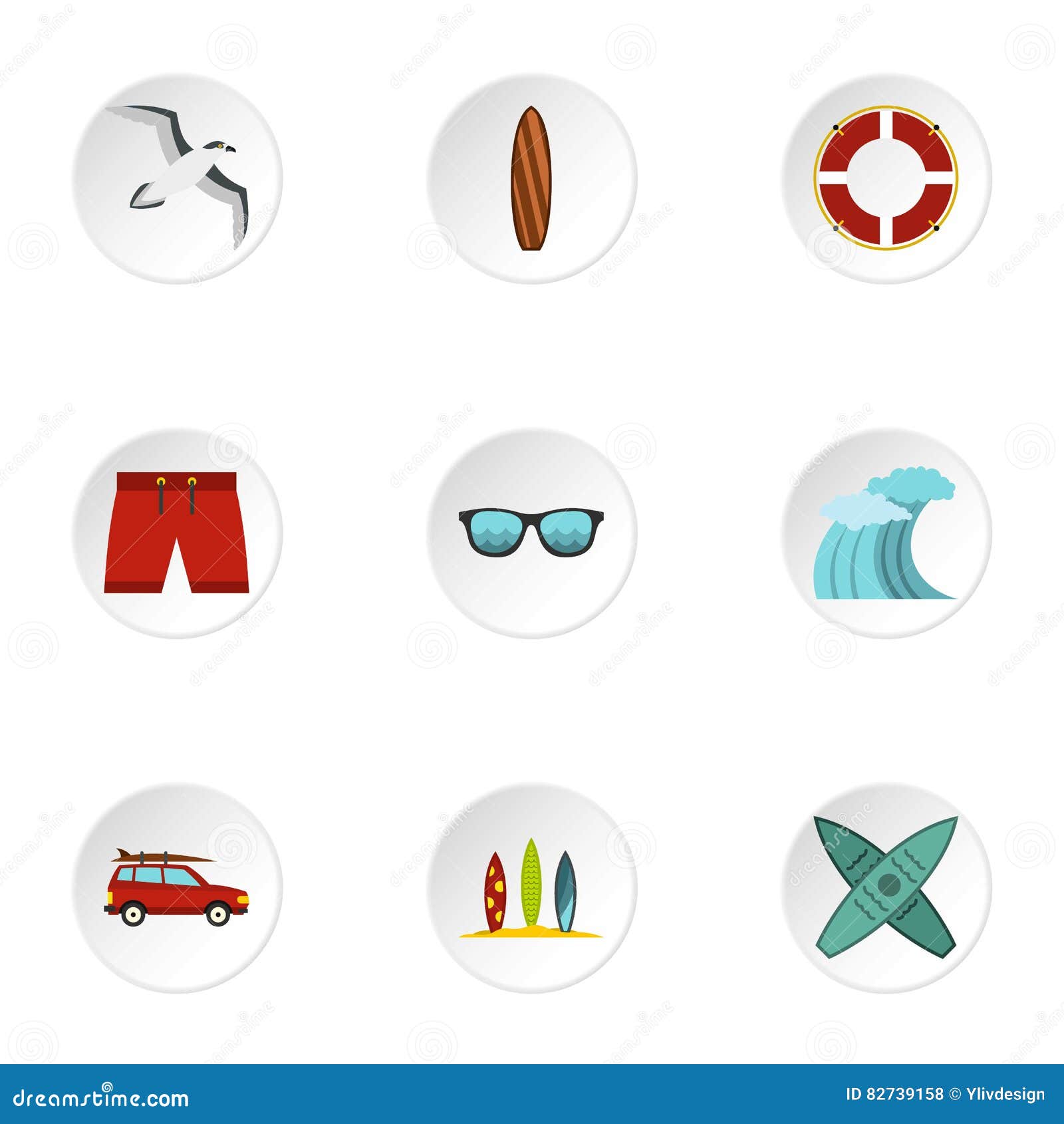 Surfing in Sea Icons Set, Flat Style Stock Vector - Illustration of ...