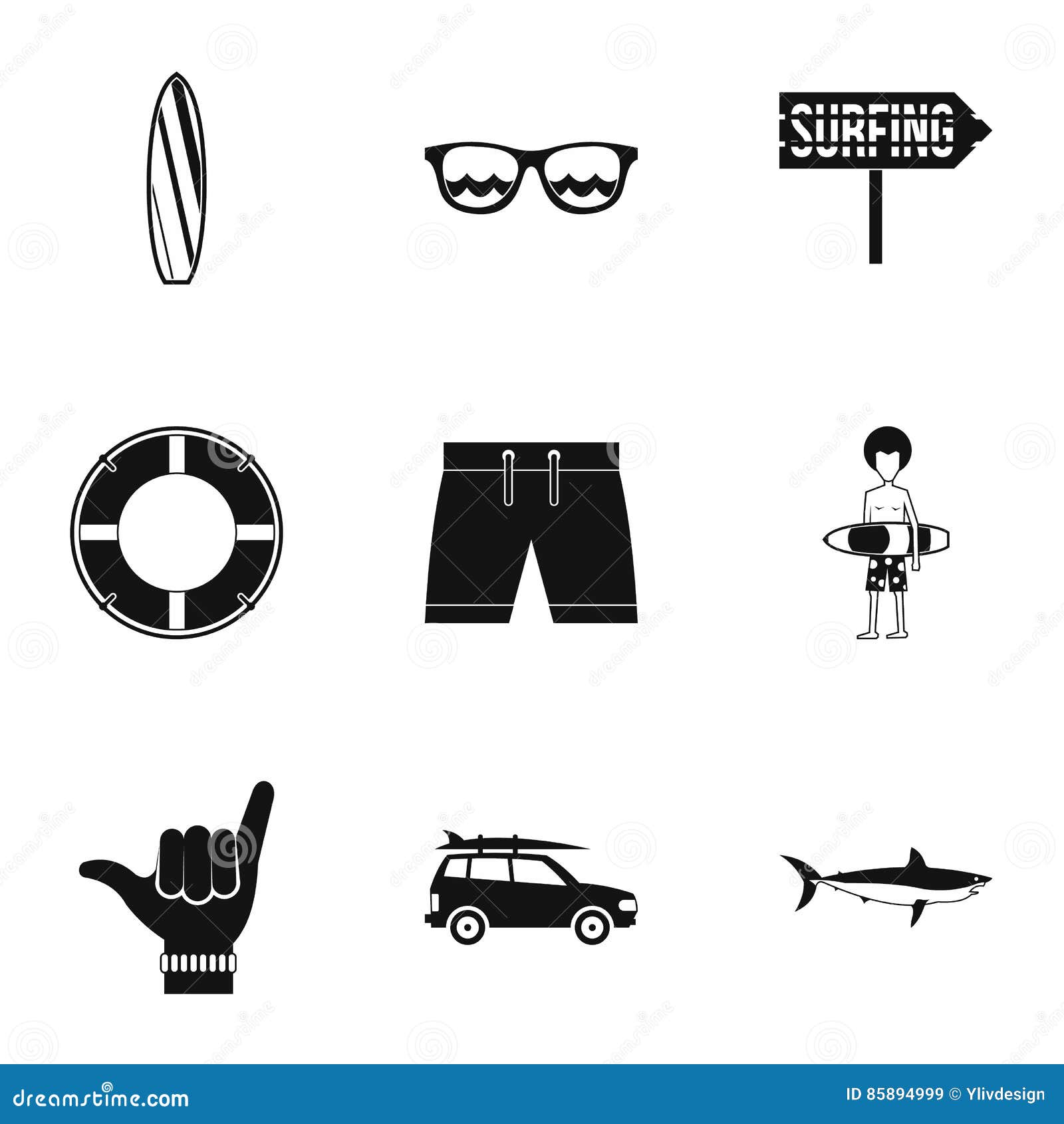 Surfing in Sea Icons Set, Simple Style Stock Vector - Illustration of ...