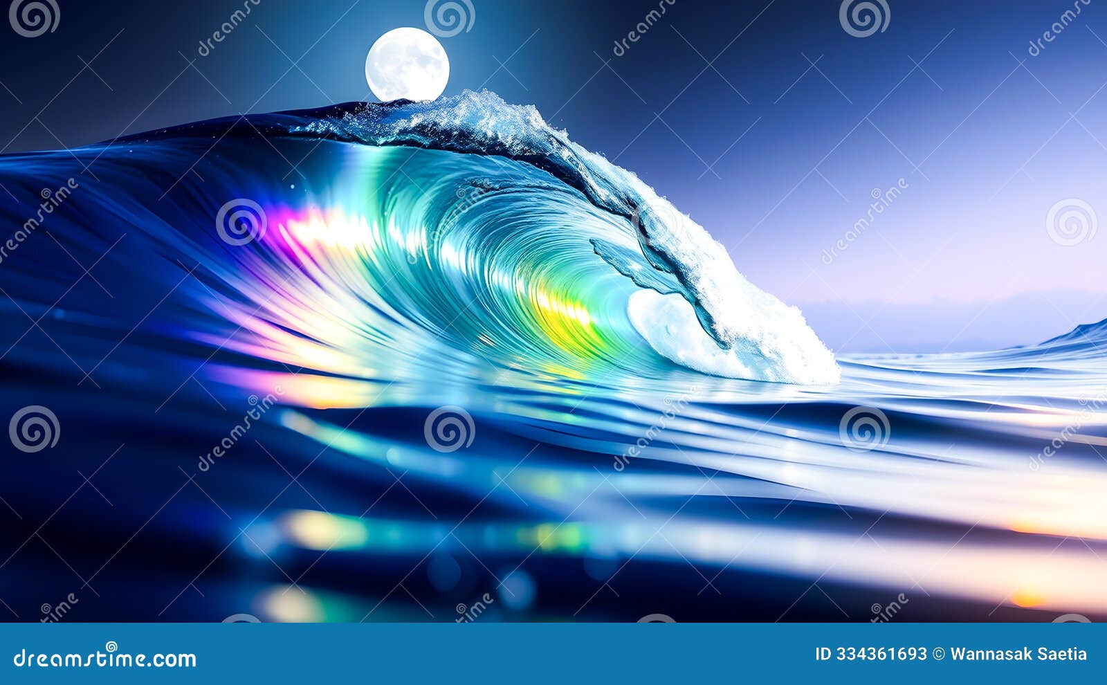 Surfing Wave and Full Moon. 3D Illustration Stock Illustration ...