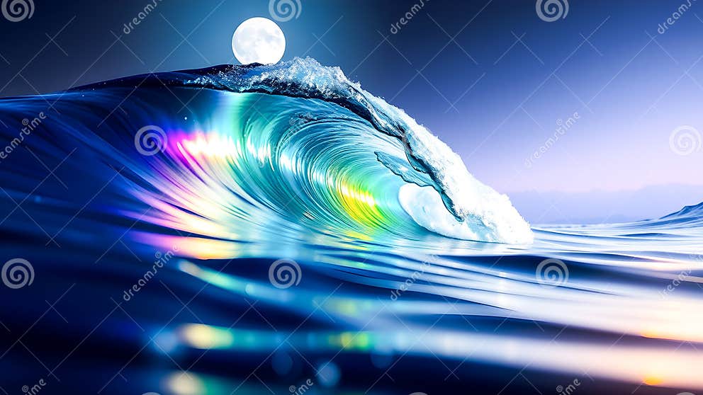 Surfing Wave and Full Moon. 3D Illustration Stock Illustration ...
