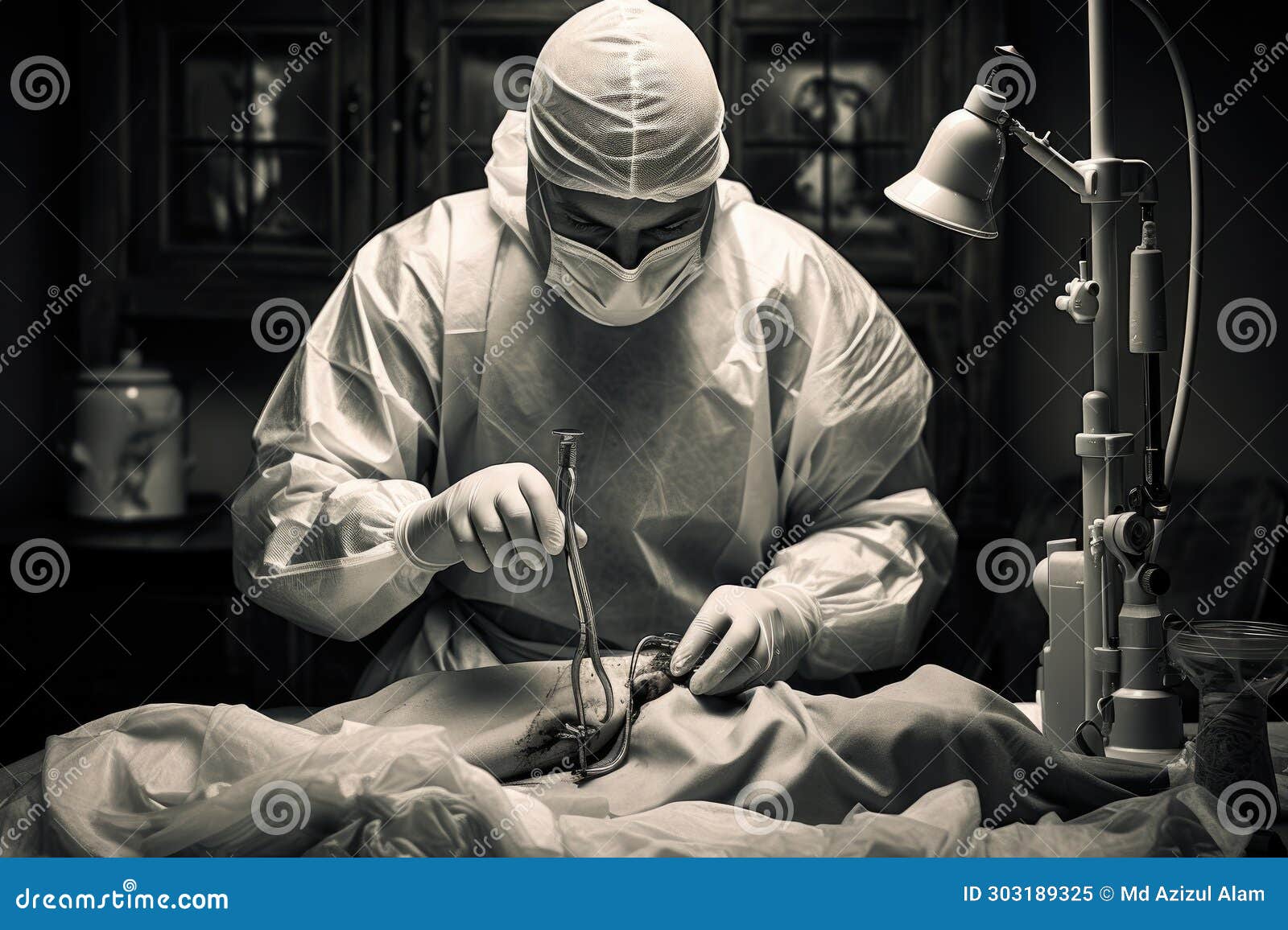 Surgeon Performing Surgery in Operating Room, Black and White Image. a ...