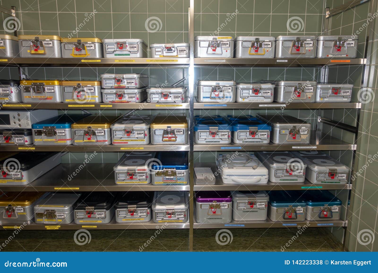 Many Containers with Surgical Instruments are Stored on Shelves Stock ...