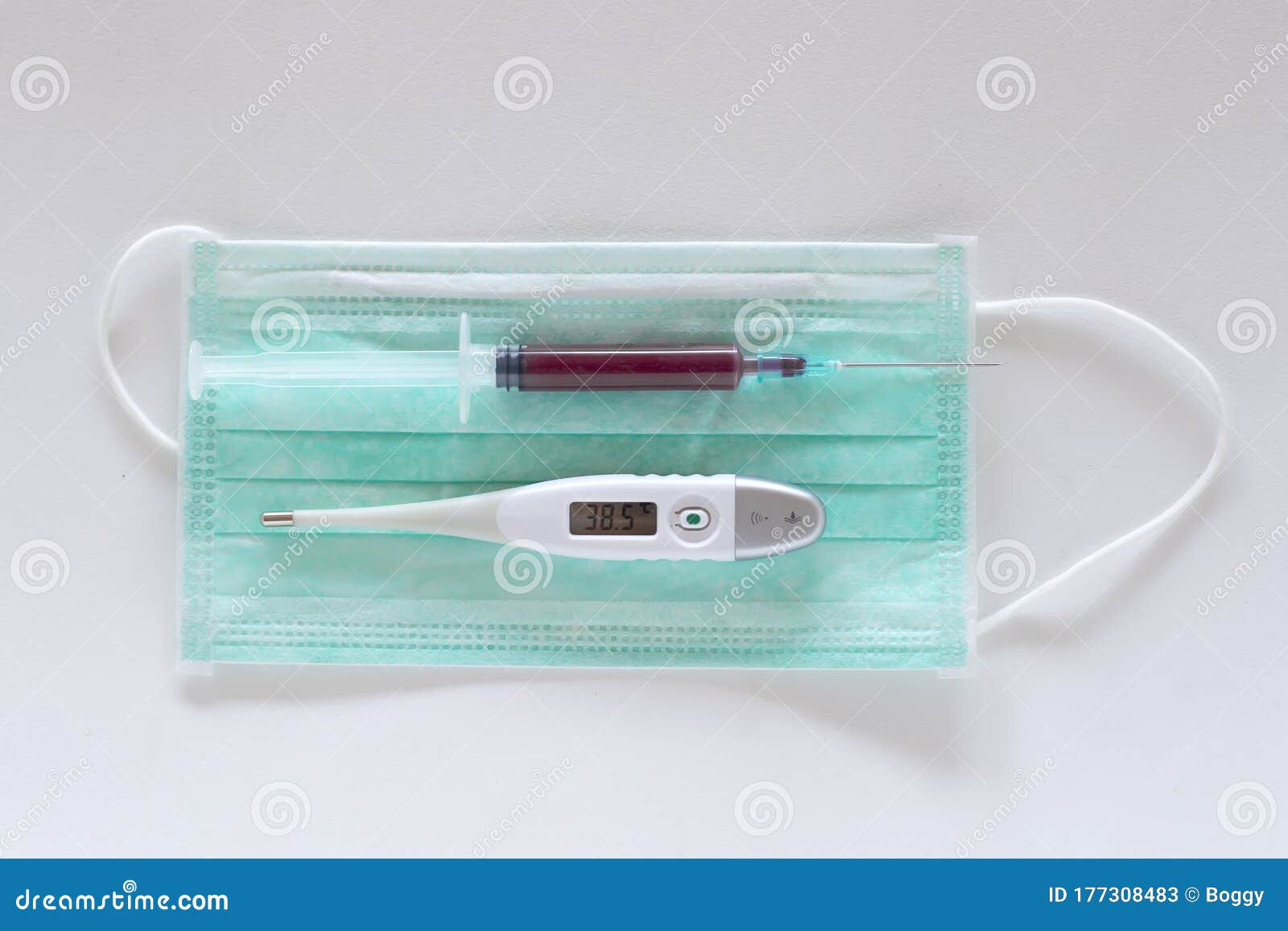 Surgical Ear-loop Mask, Injection Syringe and Thermometer Stock Image ...