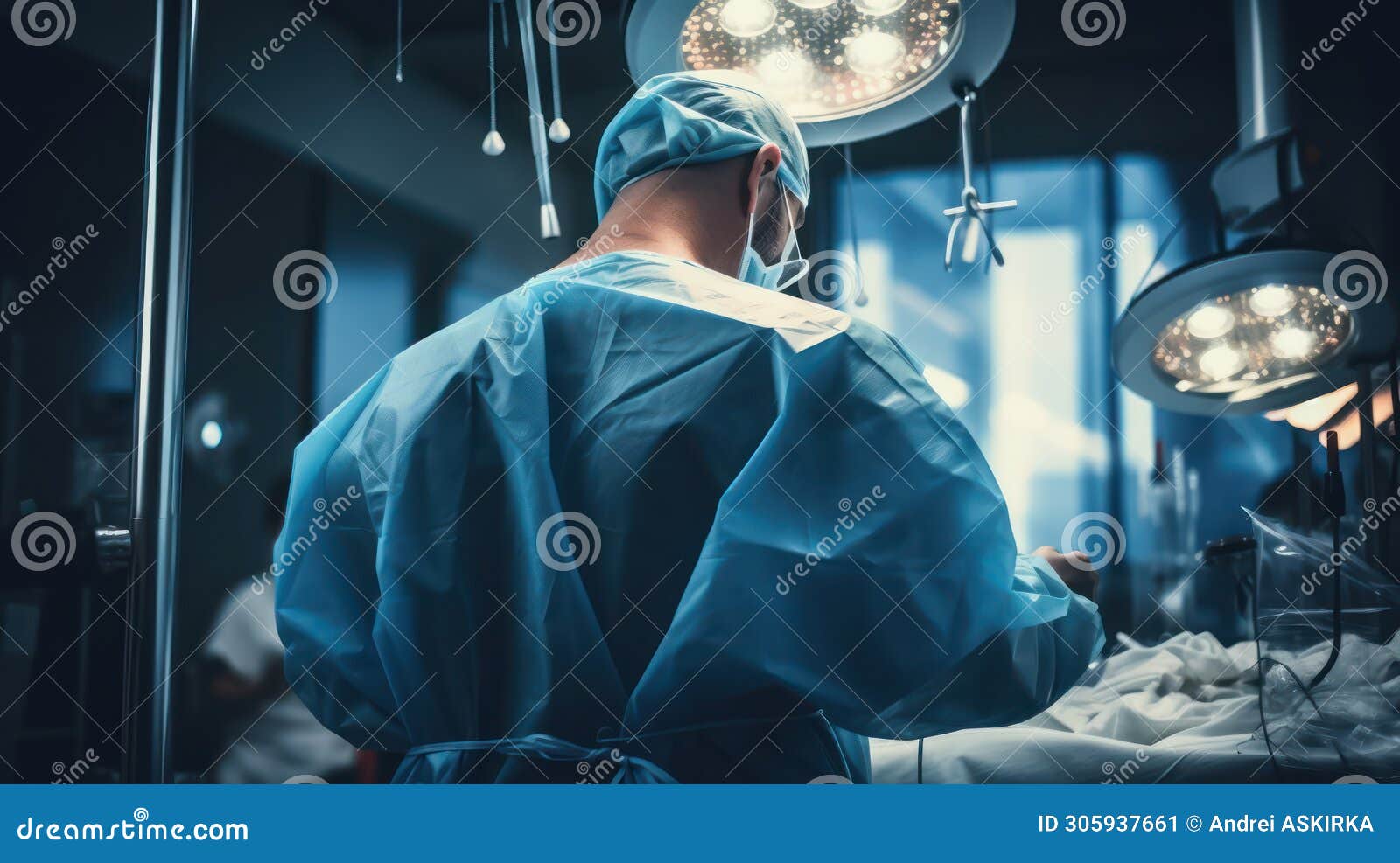 Surgical Environment with a Back View of a Surgeon Conducting an ...