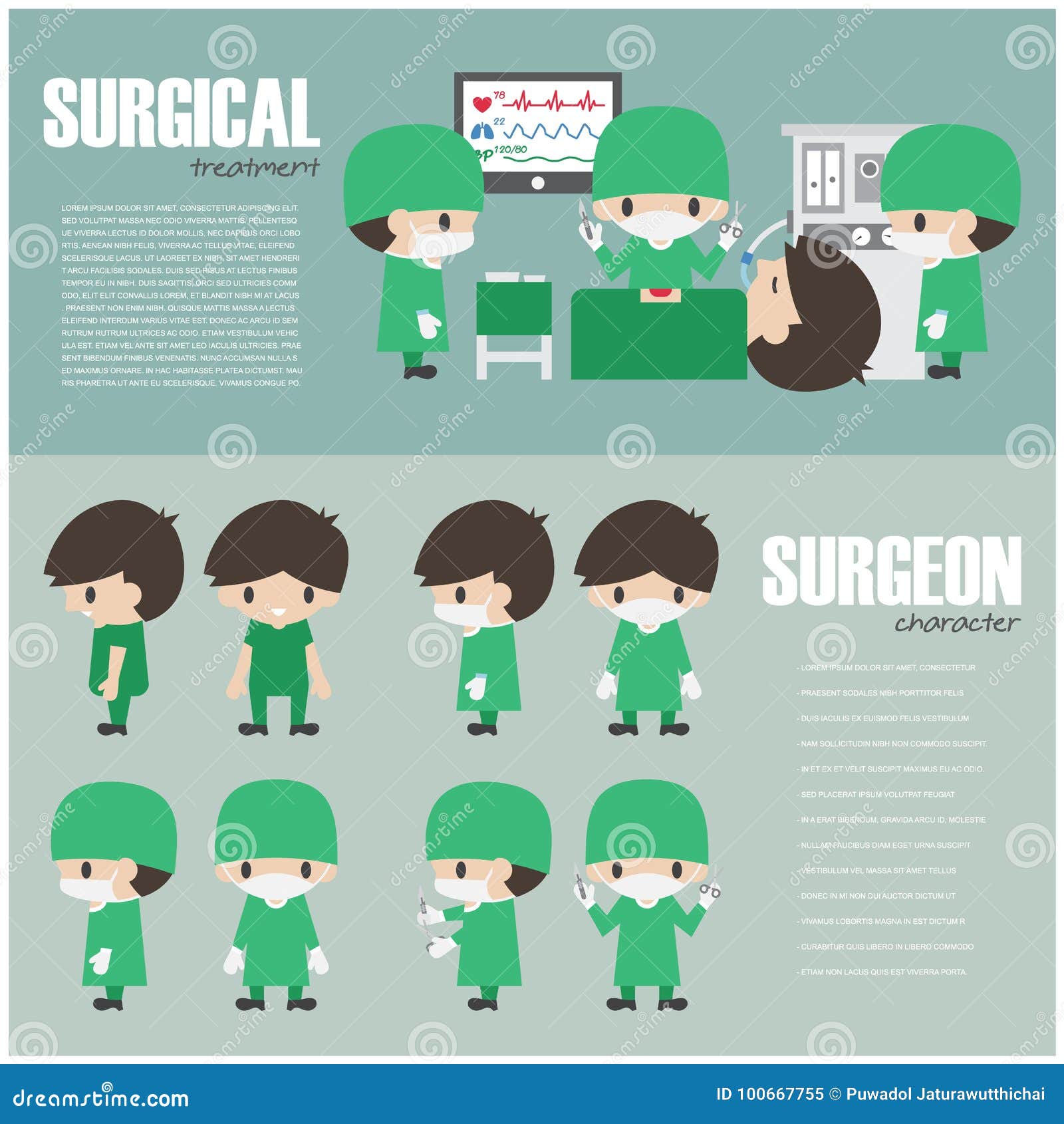 Surgical Infographics Element and Set of Surgeon Cartoon Character ...