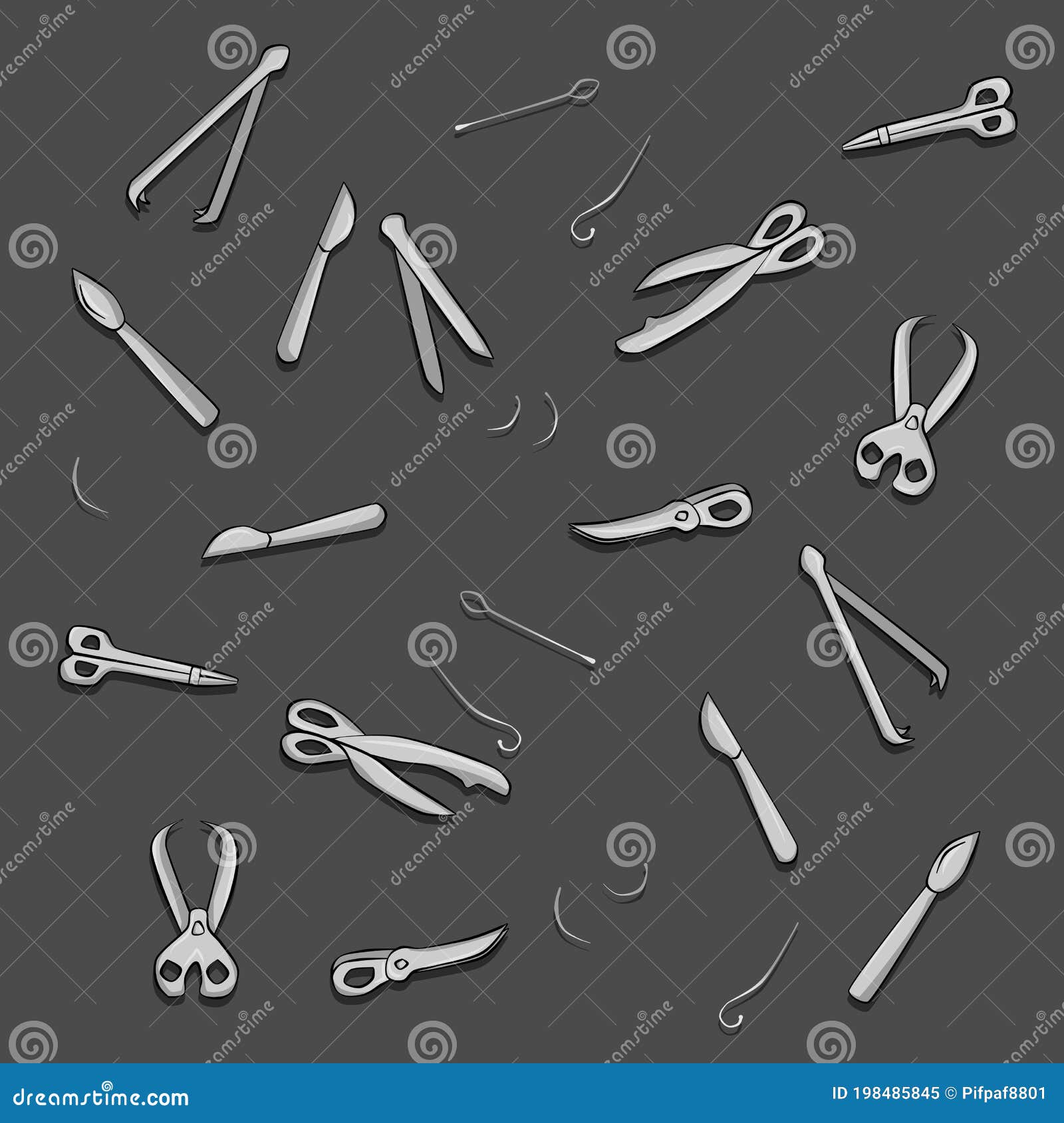 Surgical Needles Set And Attached Suture Material. Cartoon Style ...