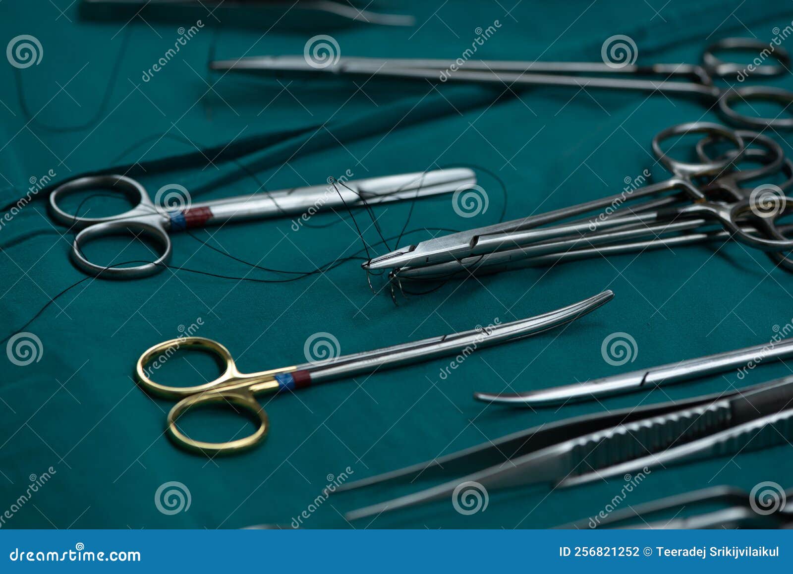 Surgical Instruments on Green Table Stock Photo - Image of medicine ...